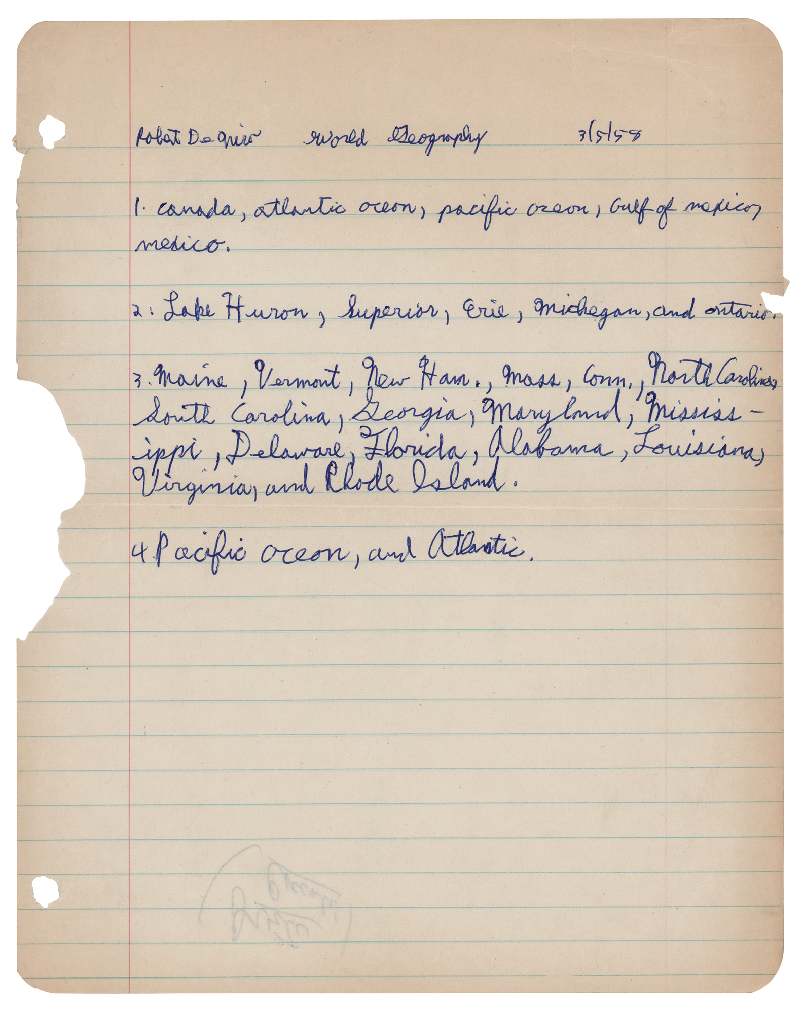 Robert De Niro Signed and Handwritten School Notes (1958) | RR Auction