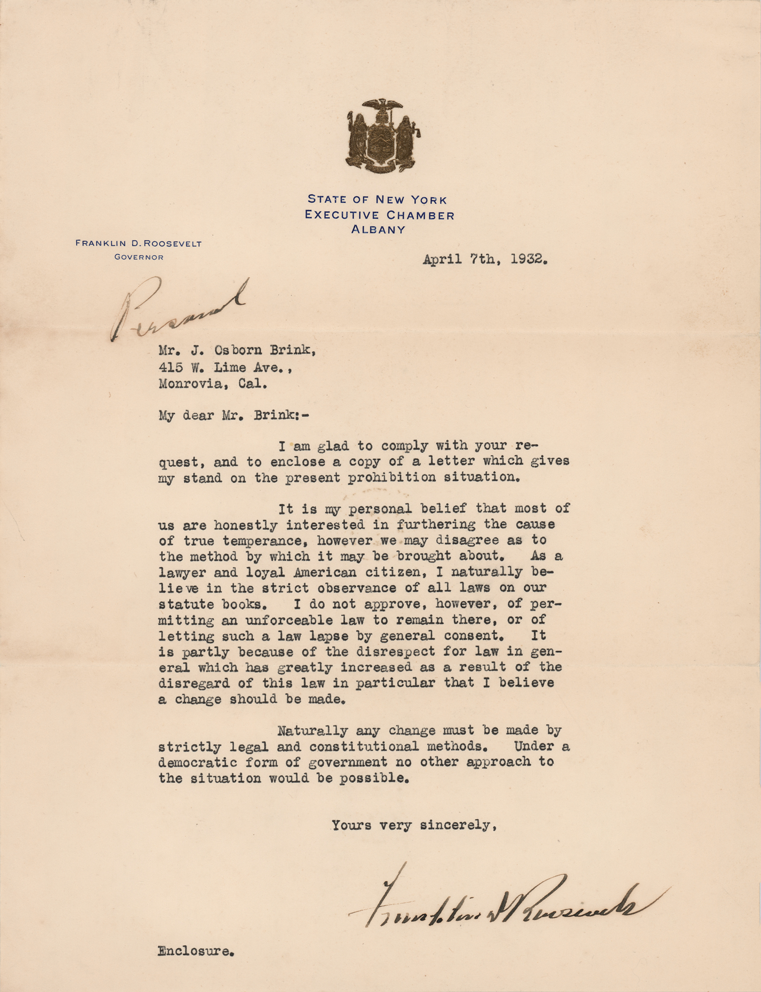 Franklin D. Roosevelt Typed Letter Signed on Repealing Prohibition: