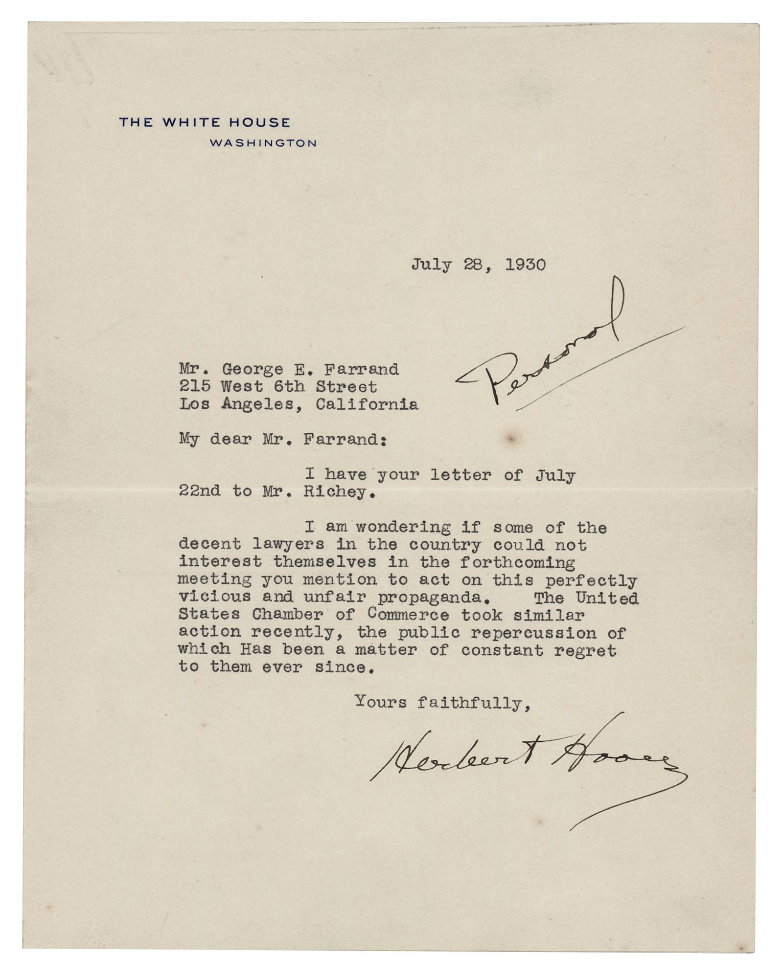 Herbert Hoover Typed Letter Signed as President on "Vicious and