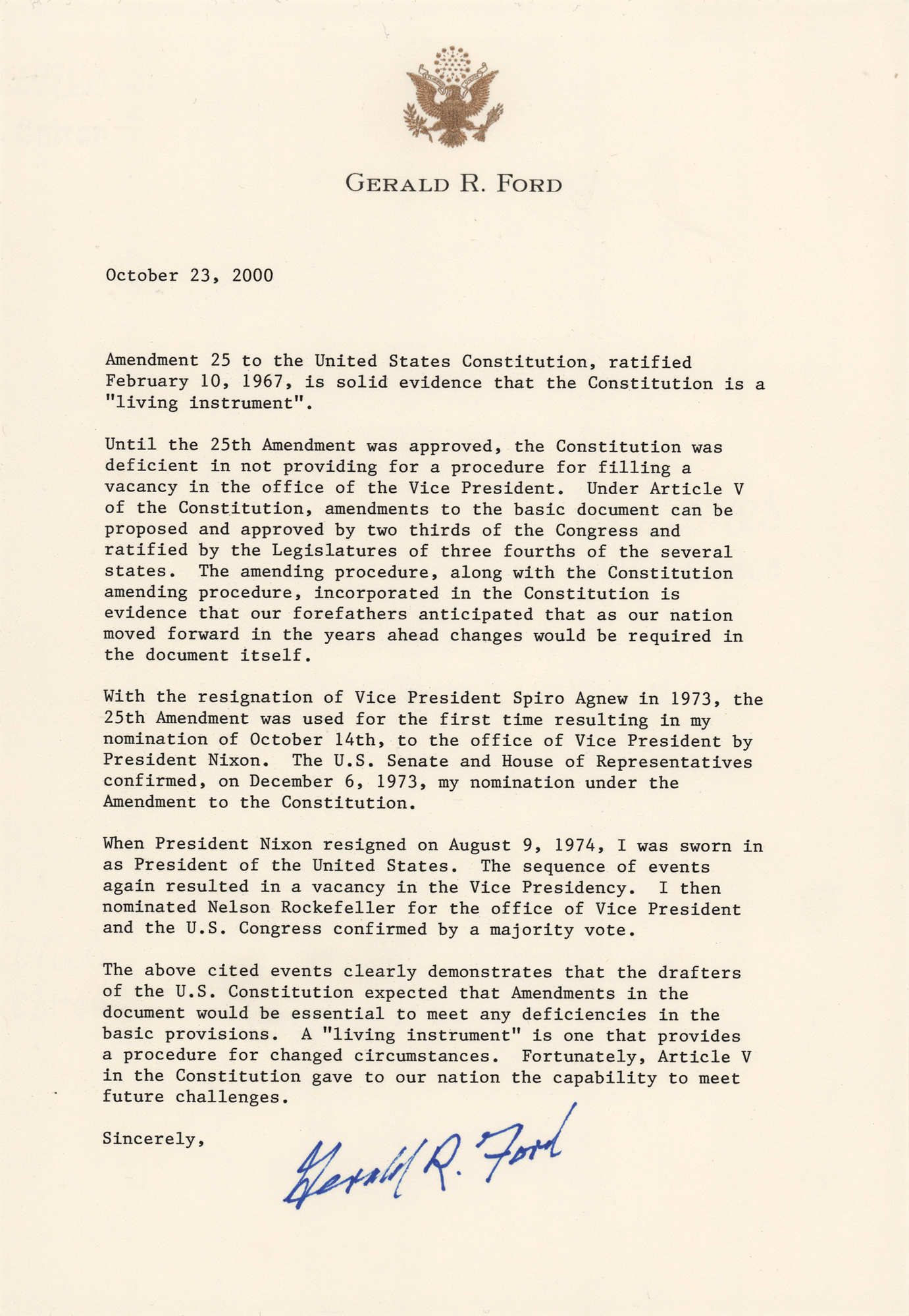 Gerald Ford Typed Letter Signed on the Constitution, His Succession of