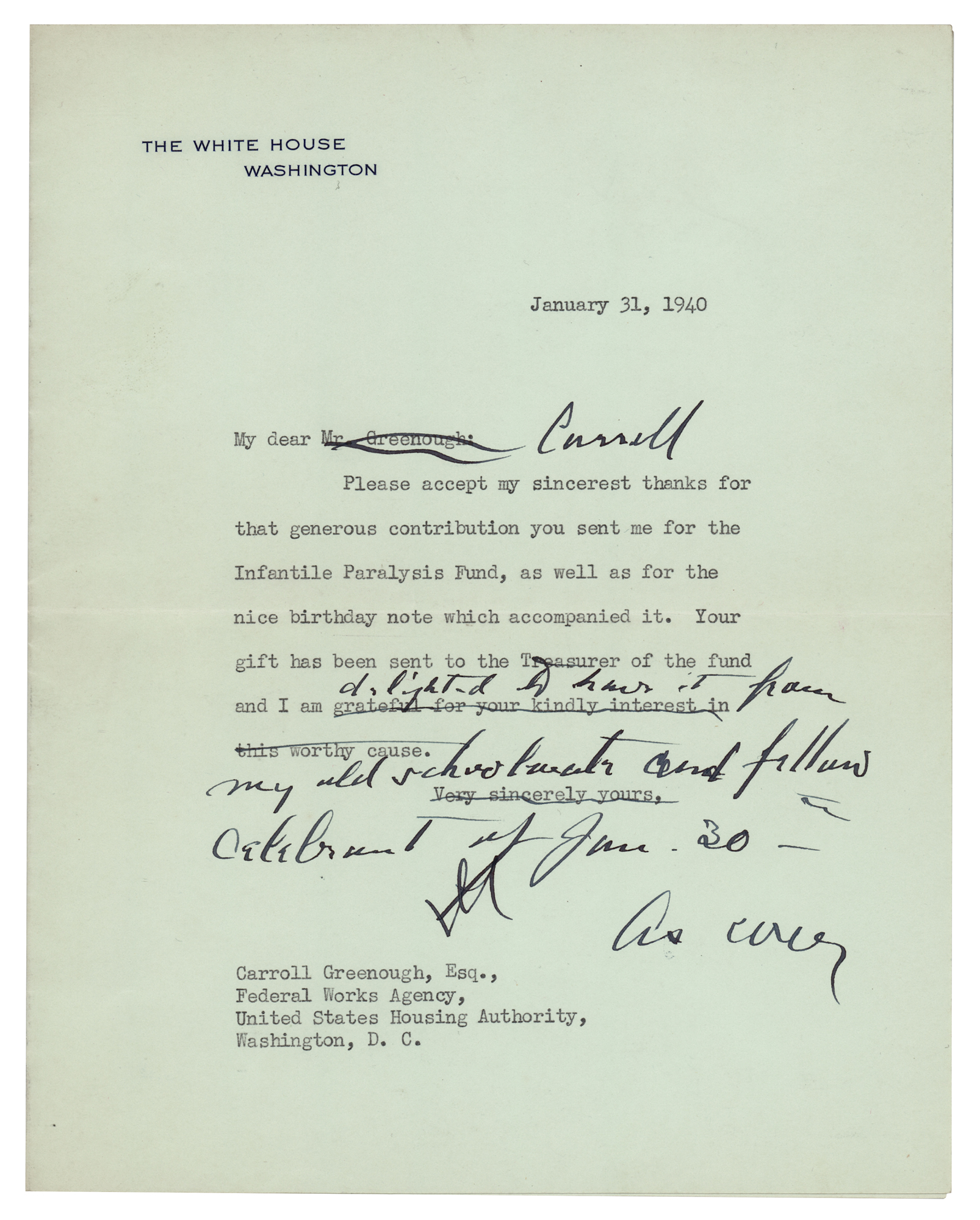 Franklin D. Roosevelt Hand-Corrected Typed Draft Letter as President,