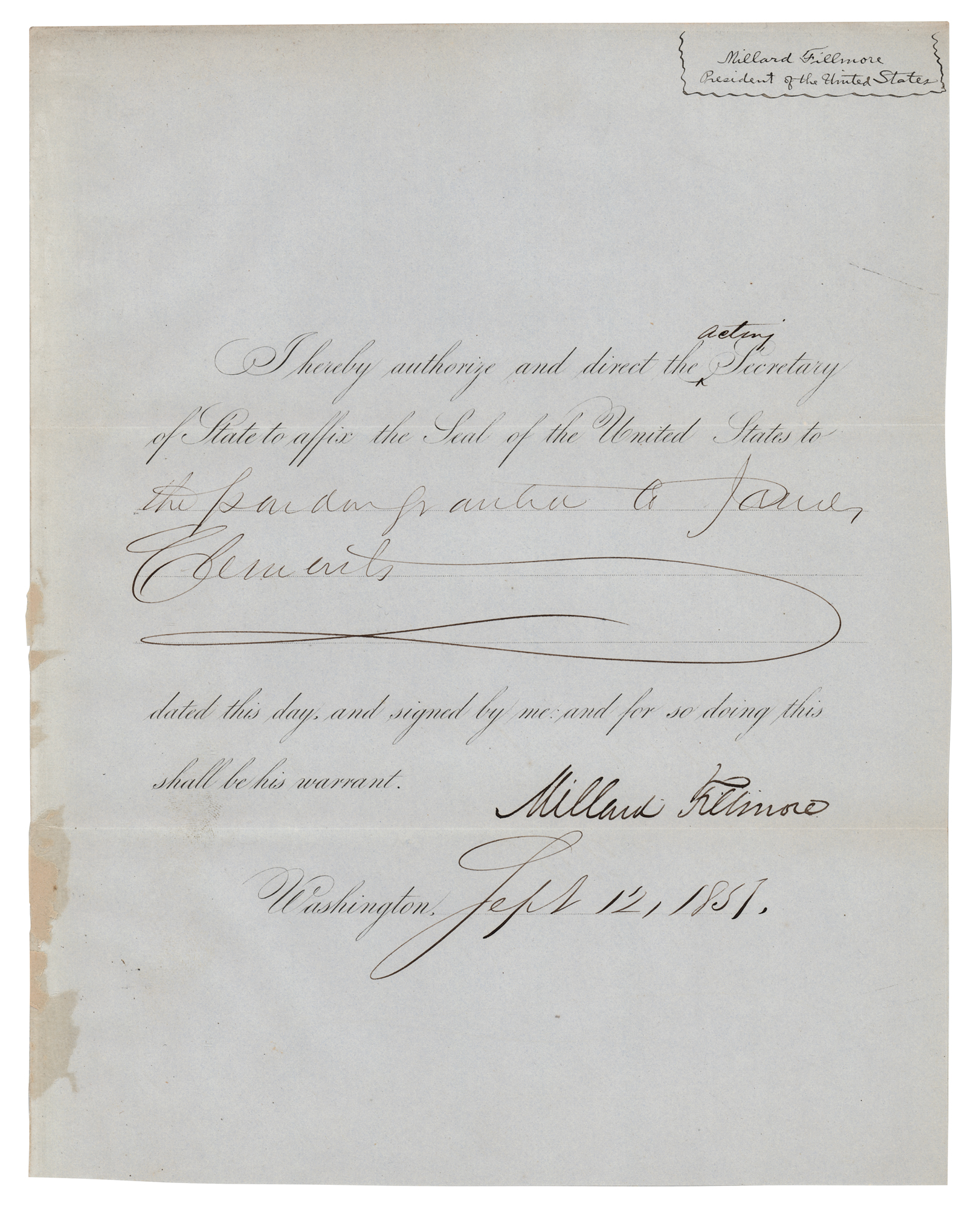 Millard Fillmore Document Signed as President, Pardoning a Sailor