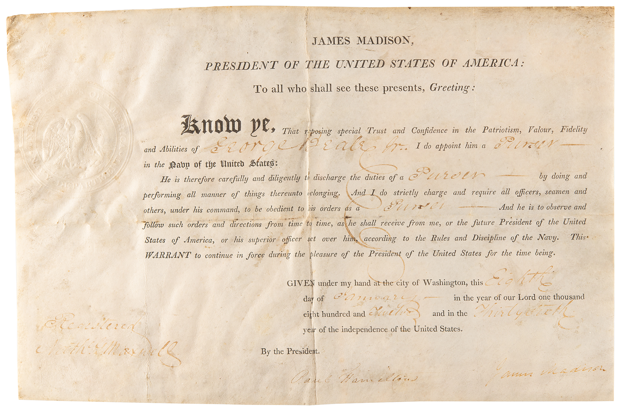 James Madison Naval Document Signed as President (1812) | RR Auction