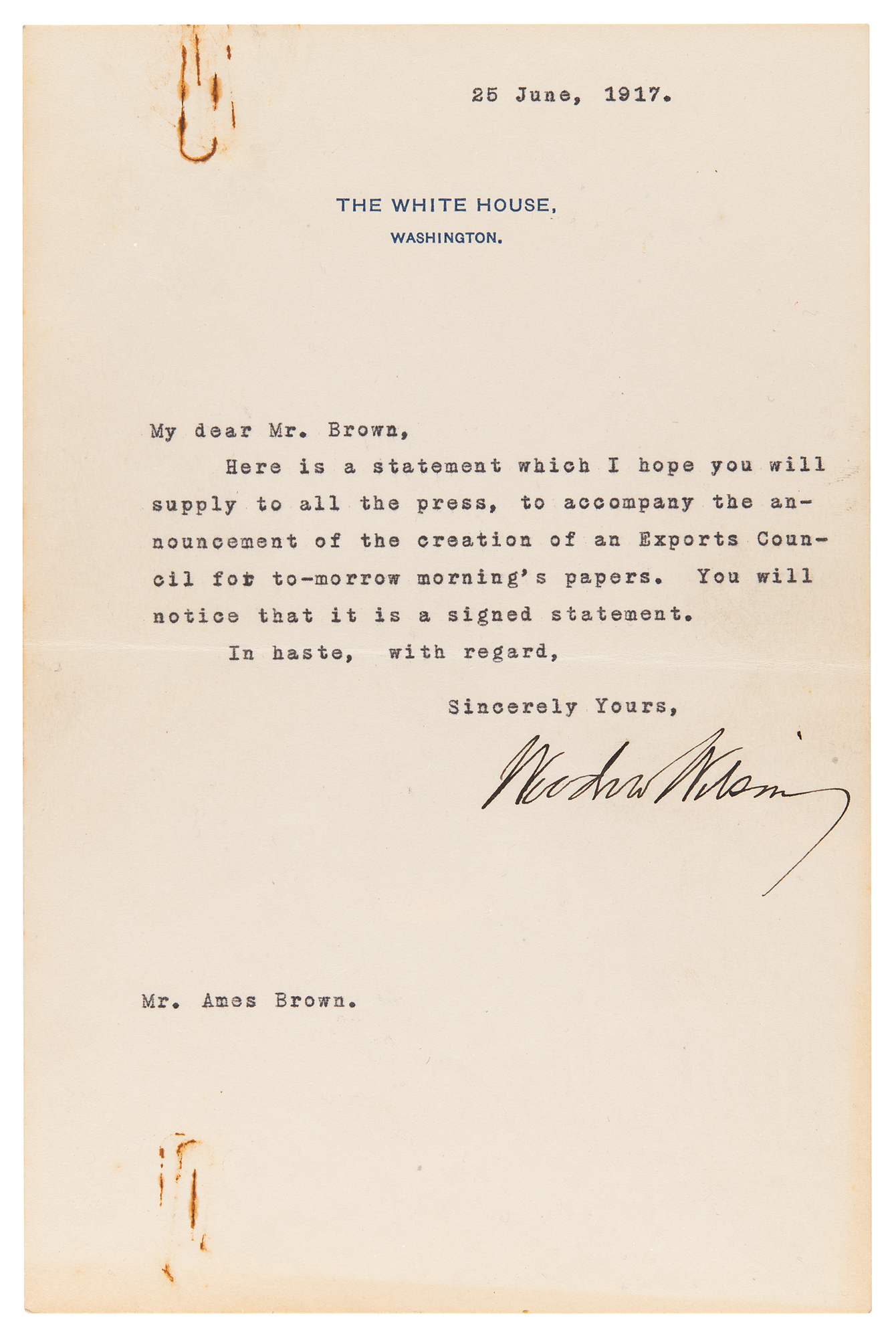Woodrow Wilson Typed Statement Signed as President, Declaring Economic