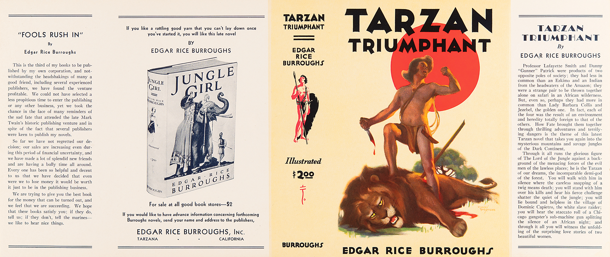 Edgar Rice Burroughs: Tarzan Triumphant Original Unused Dust Jacket