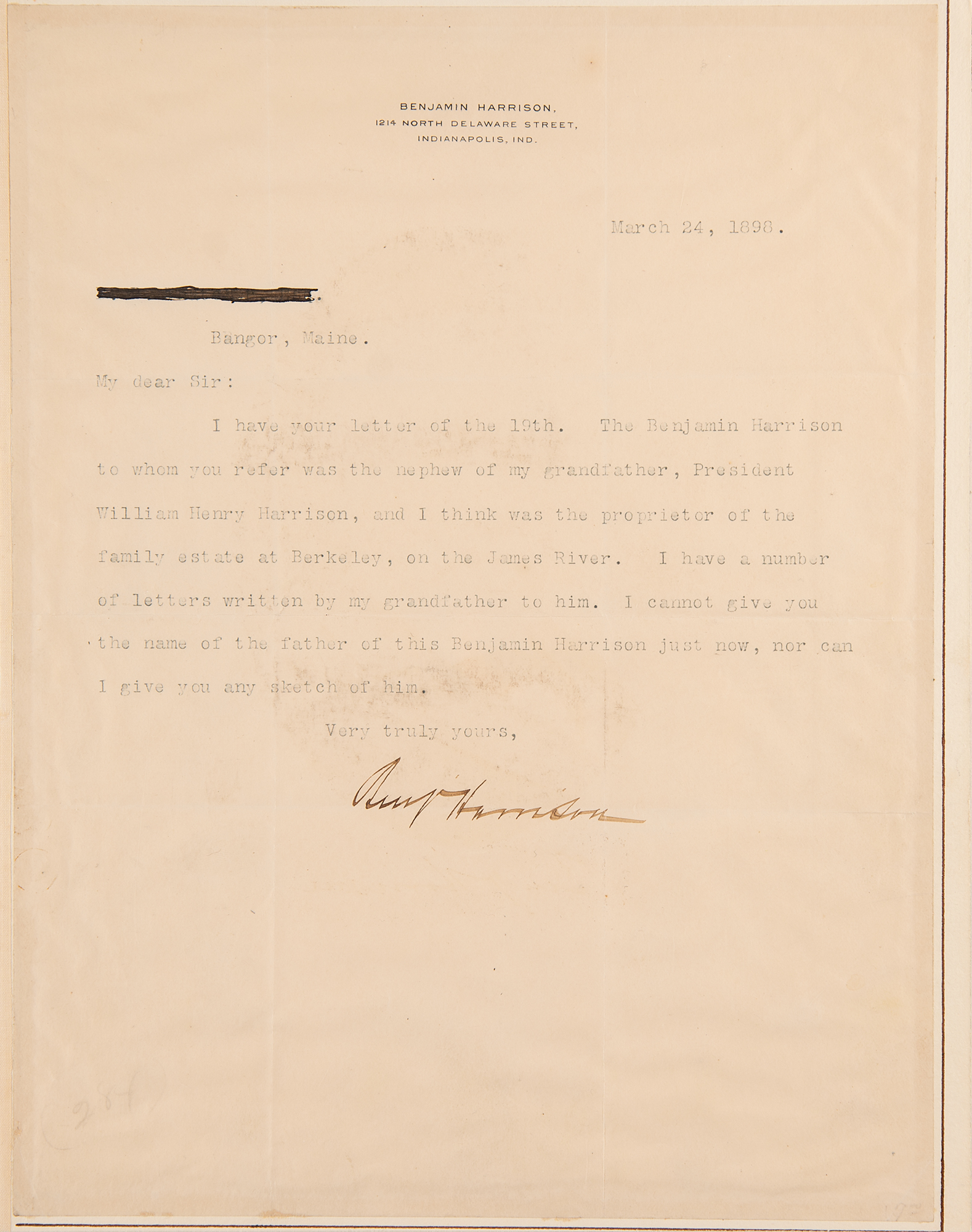 Benjamin Harrison Typed Letter Signed: "The Benjamin Harrison to