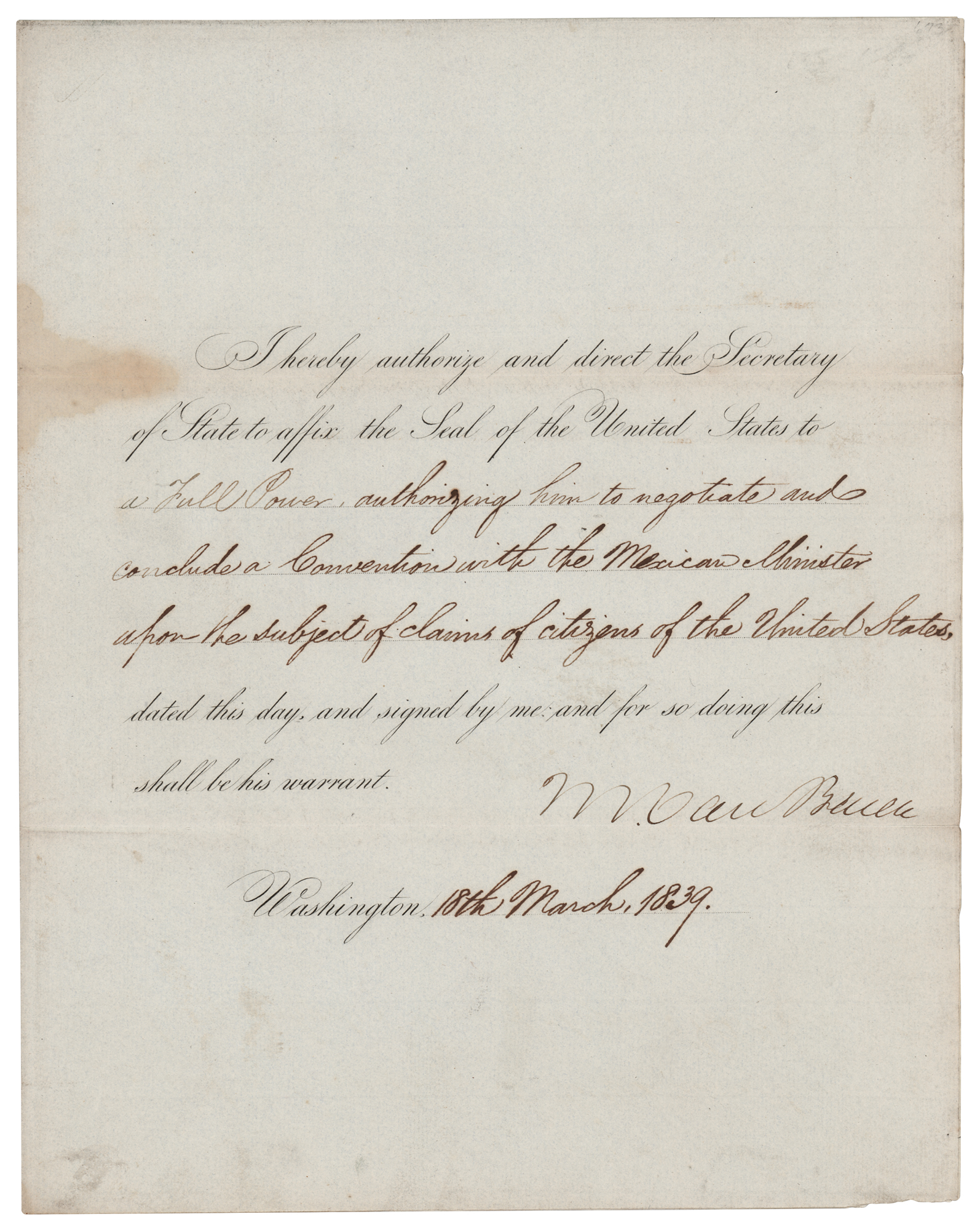 Martin Van Buren Document Signed as President for a Convention with