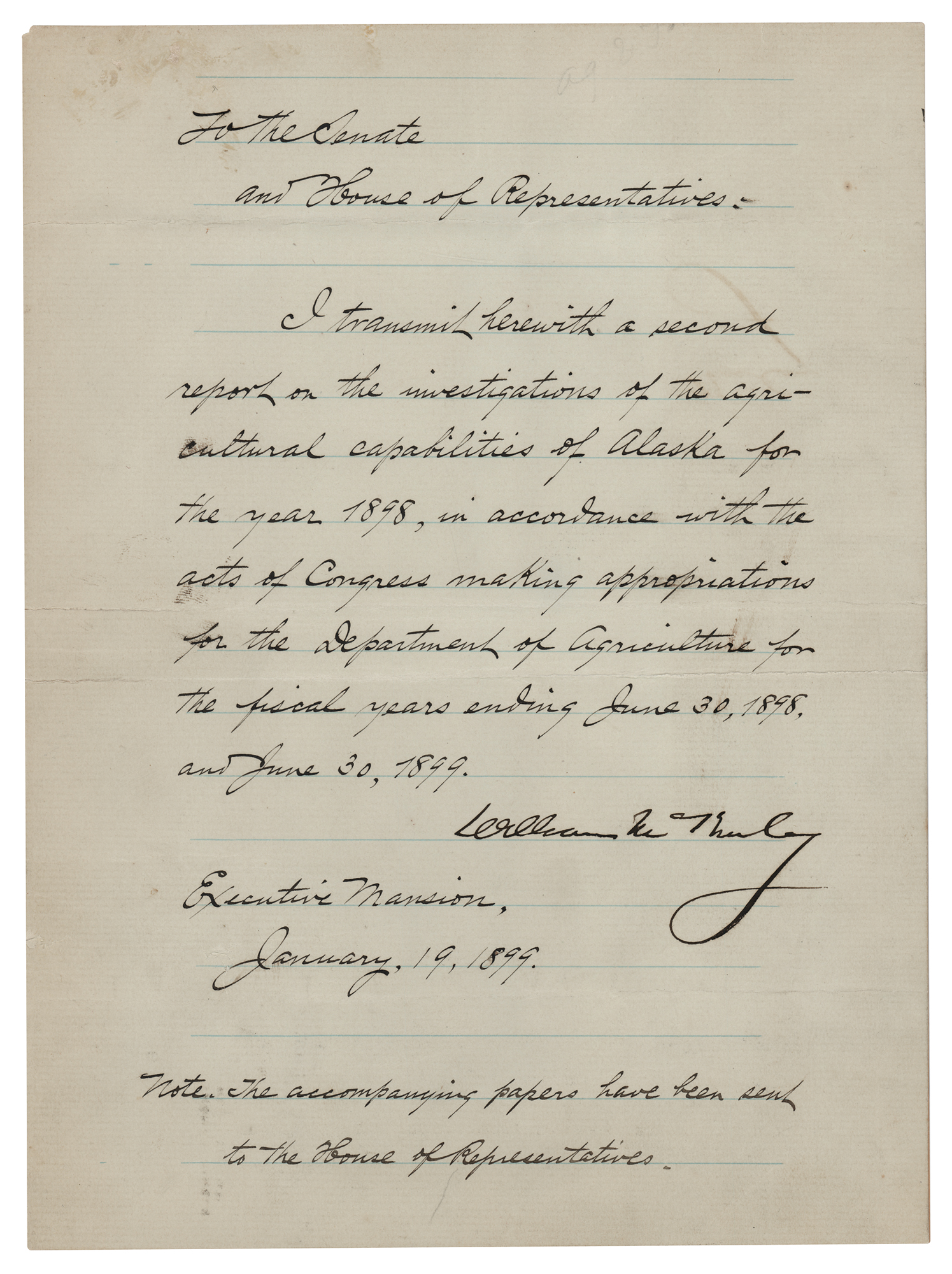 William McKinley Document Signed as President, Transmitting a Report