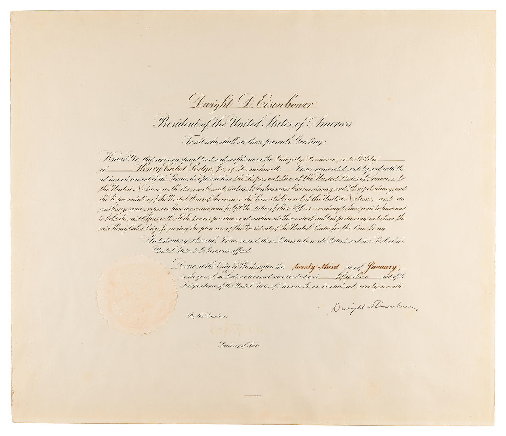 President Dwight D. Eisenhower Appoints Henry Cabot Lodge, Jr. as the
