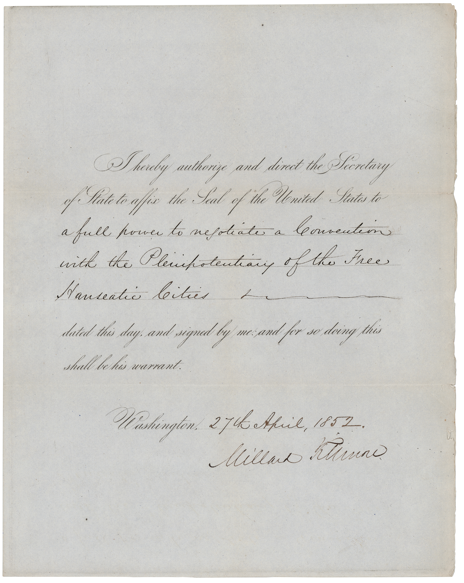 Millard Fillmore Document Signed as President, Negotiating a