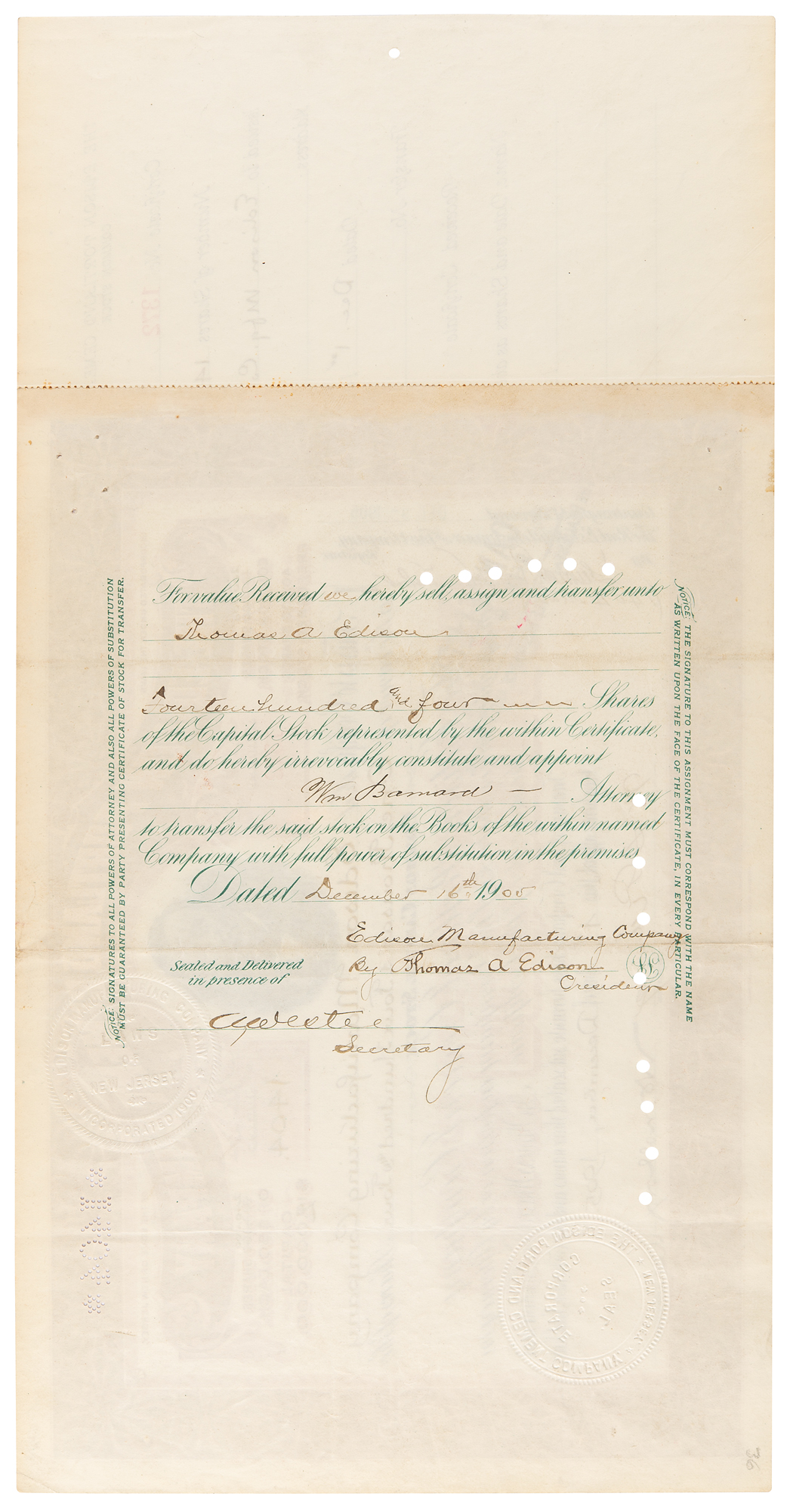 Thomas Edison Signed Stock Certificate for the 'Edison Manufacturing