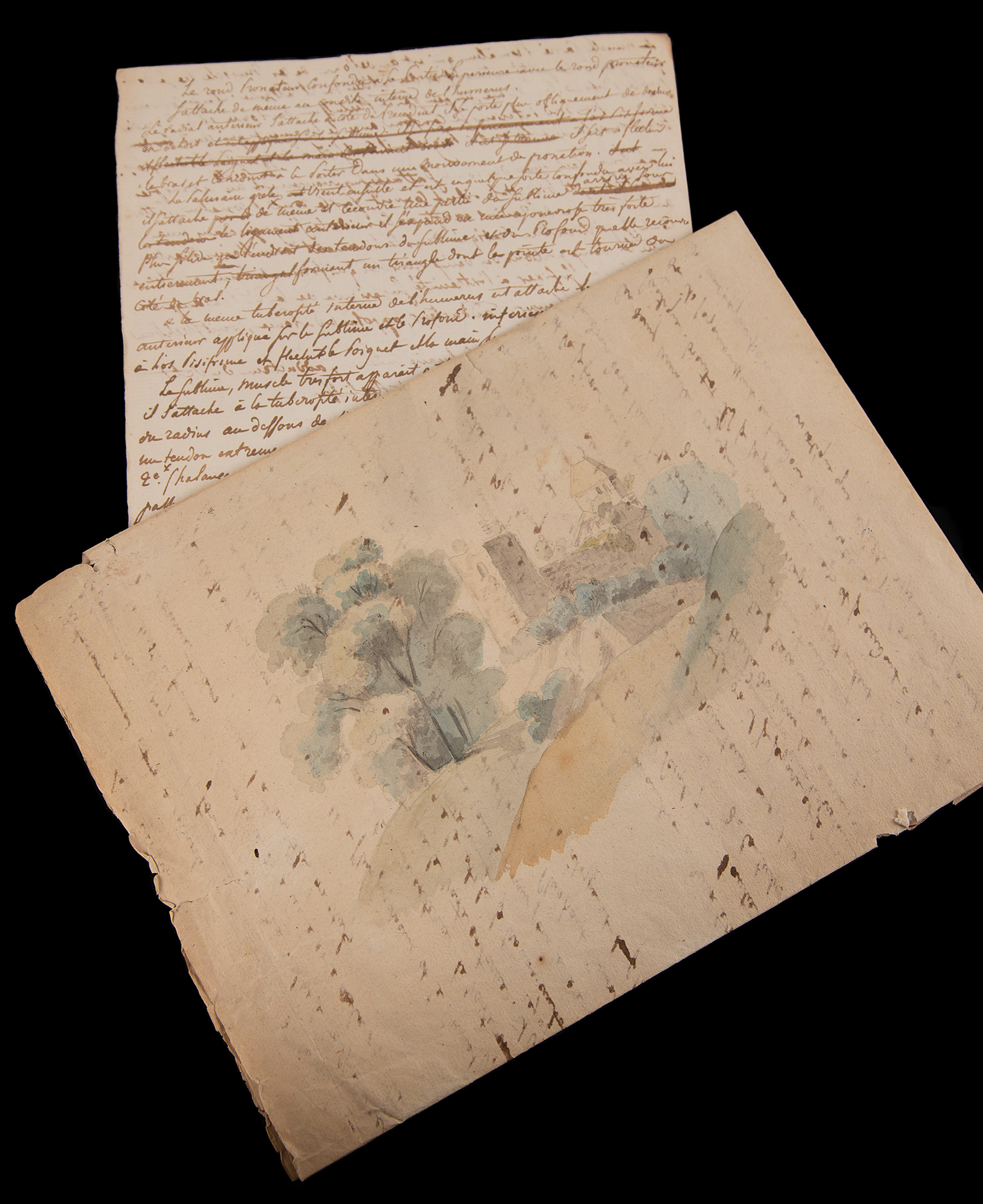 Eugene Delacroix (2) Handwritten Manuscripts with Original Watercolor