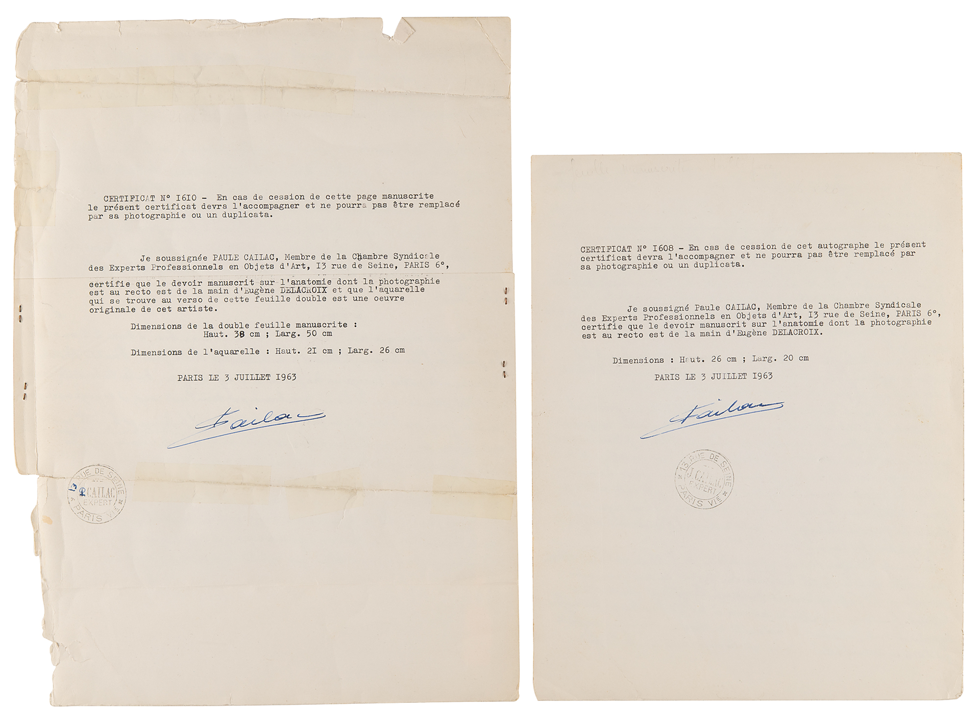 Eugene Delacroix (2) Handwritten Manuscripts with Original Watercolor