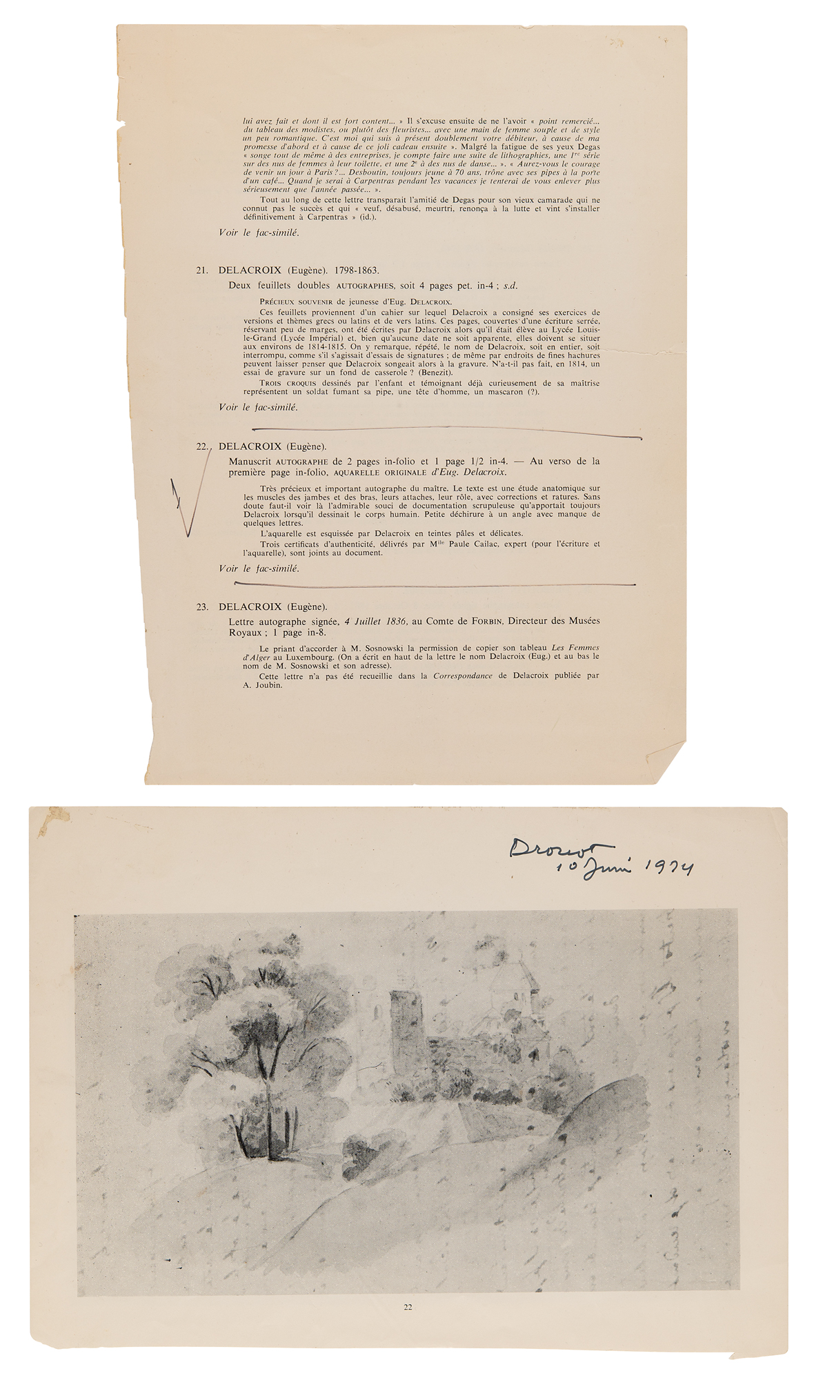 Eugene Delacroix (2) Handwritten Manuscripts with Original Watercolor