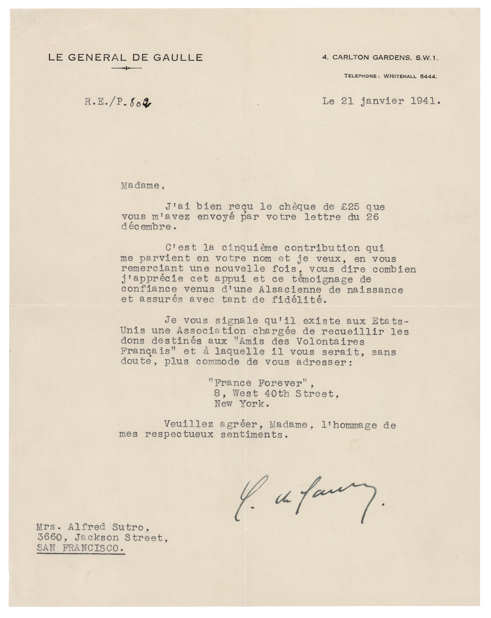 Charles de Gaulle War-Dated Typed Letter Signed on France Forever | RR