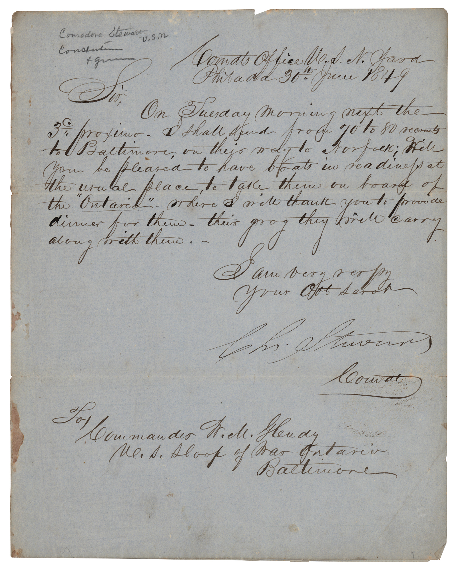Charles Stewart Letter Signed, Arranging a Recruit Dinner on the