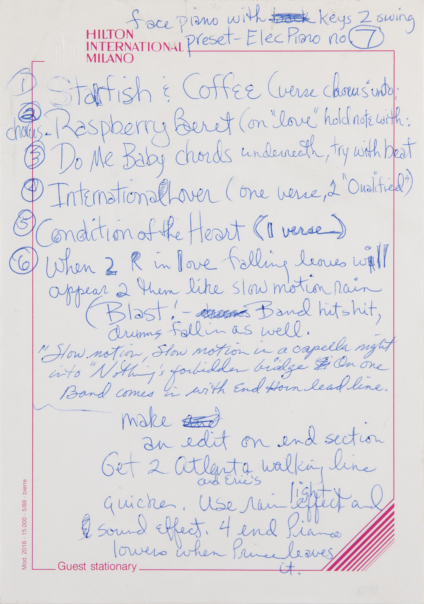 Prince Handwritten Piano Medley Rehearsal Notes from the 1988 Lovesexy