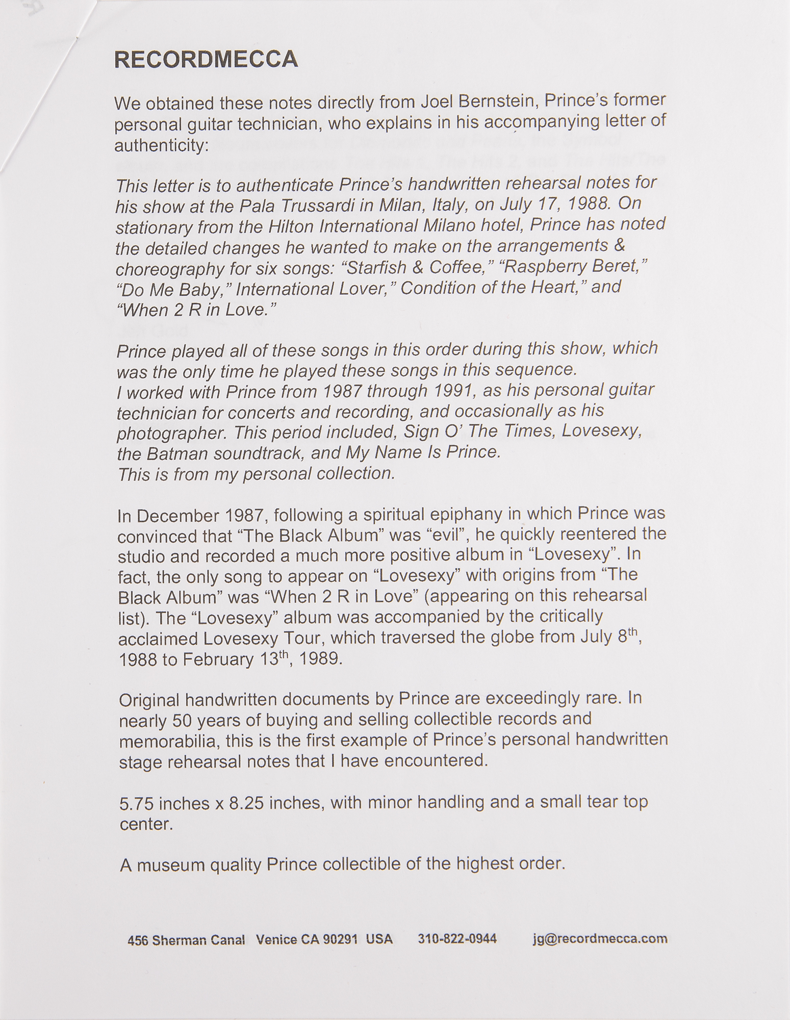 Prince Handwritten Piano Medley Rehearsal Notes from the 1988 Lovesexy
