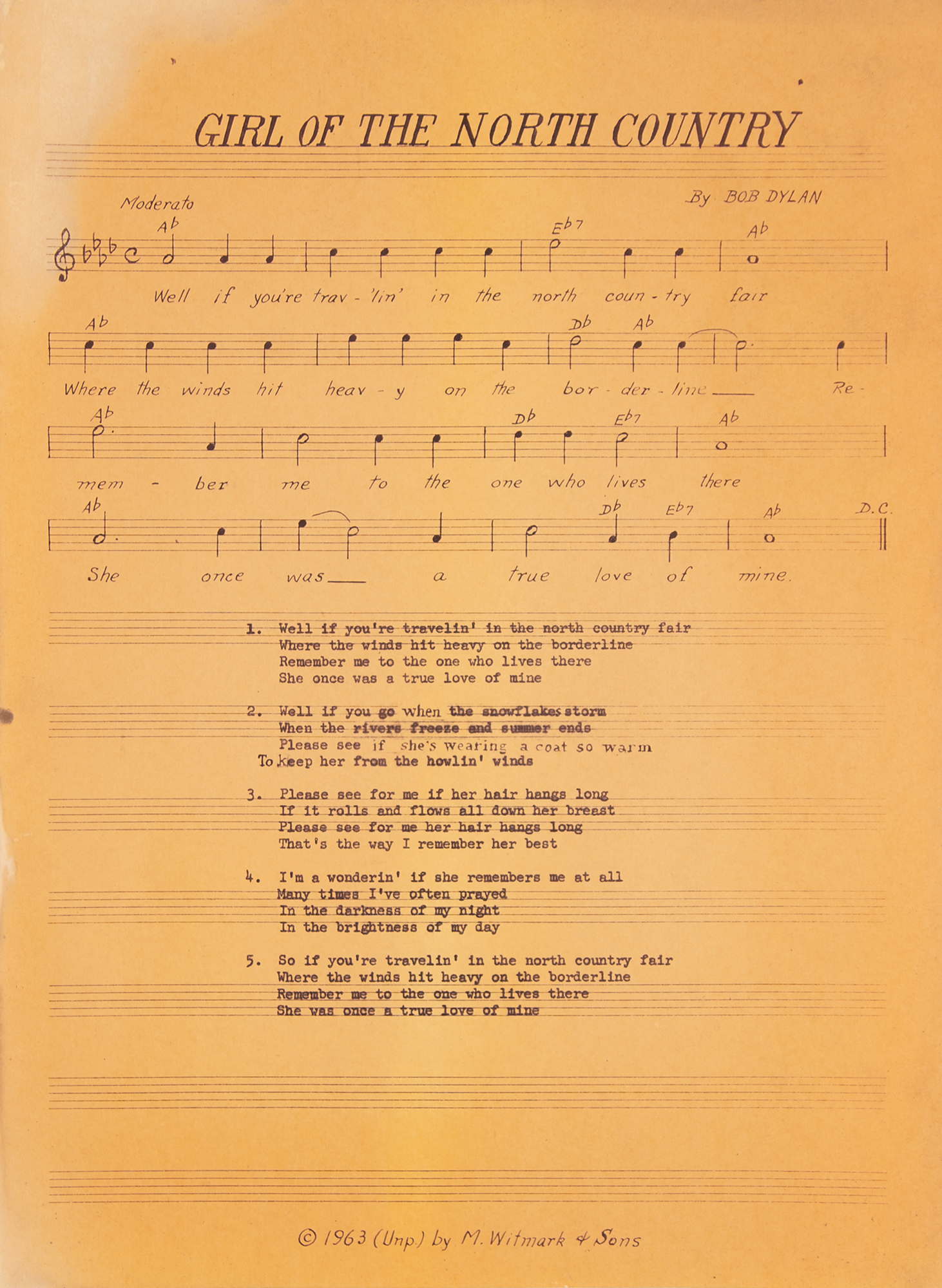 Bob Dylan Archive of (65) Sheet Music Lead Sheets with 'The Times They