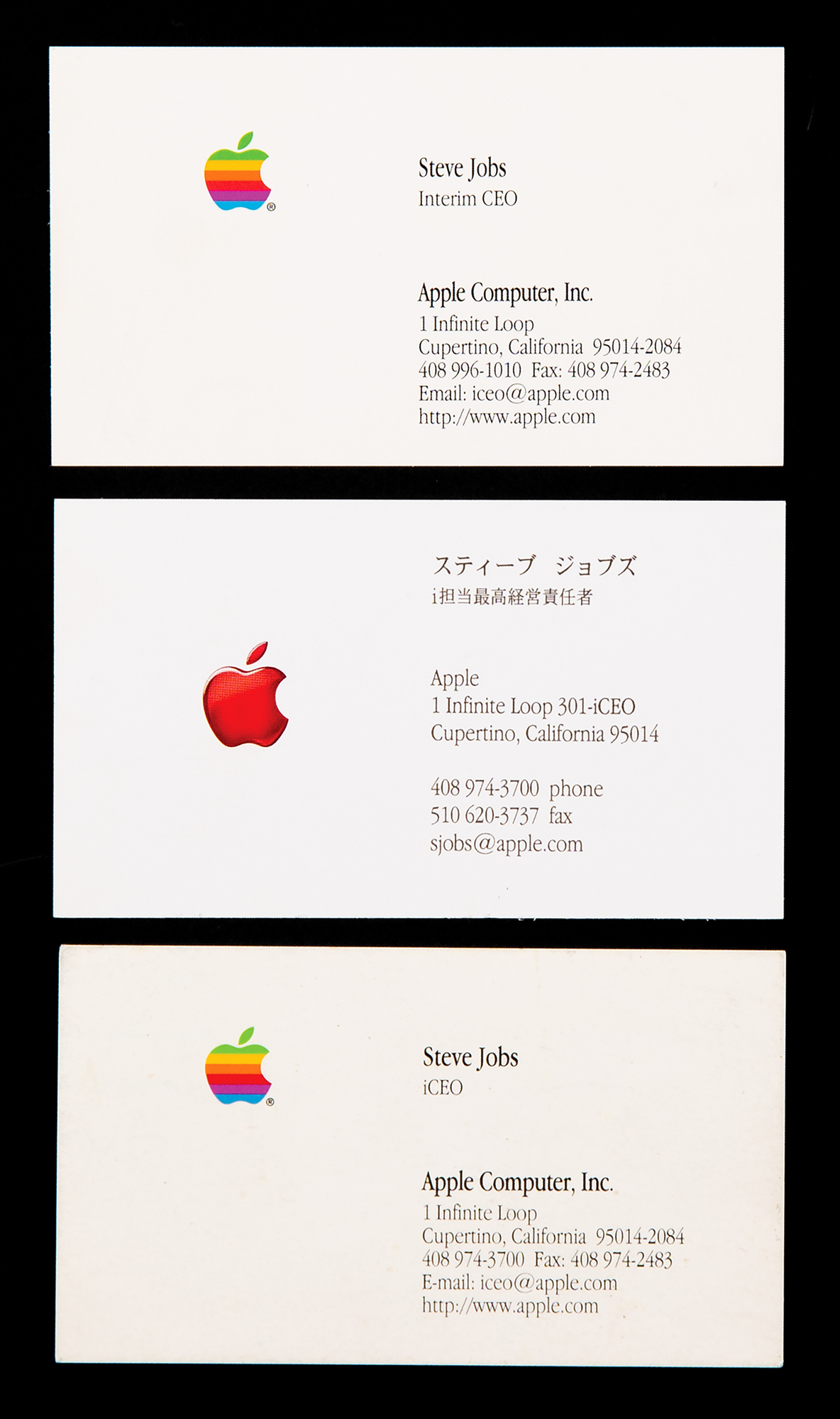 Steve Jobs (3) Apple Business Cards (1997, 1998, and 1999) as