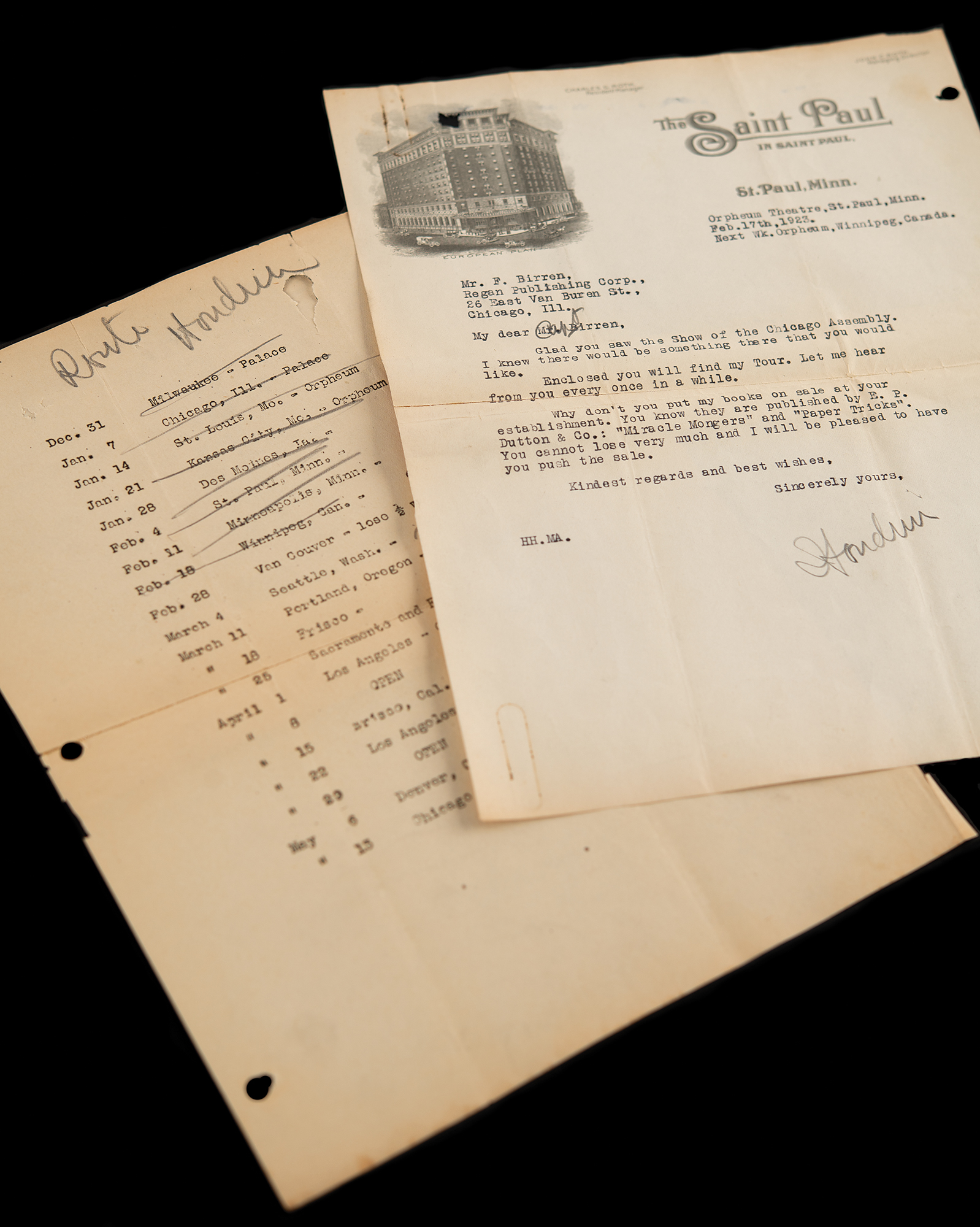 Harry Houdini Typed Letter Signed with a Signed 1922-1923 North