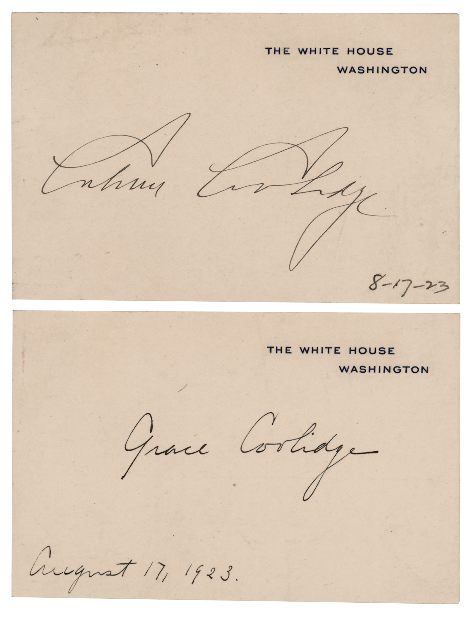 Calvin and Grace Coolidge Signed White House Cards as President and