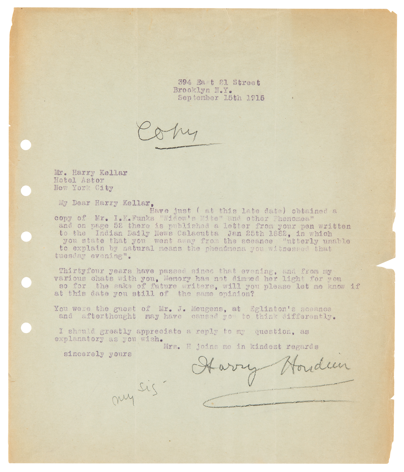 Magic: Harry Houdini (2) Typed Letters Signed and Harry Kellar (1)