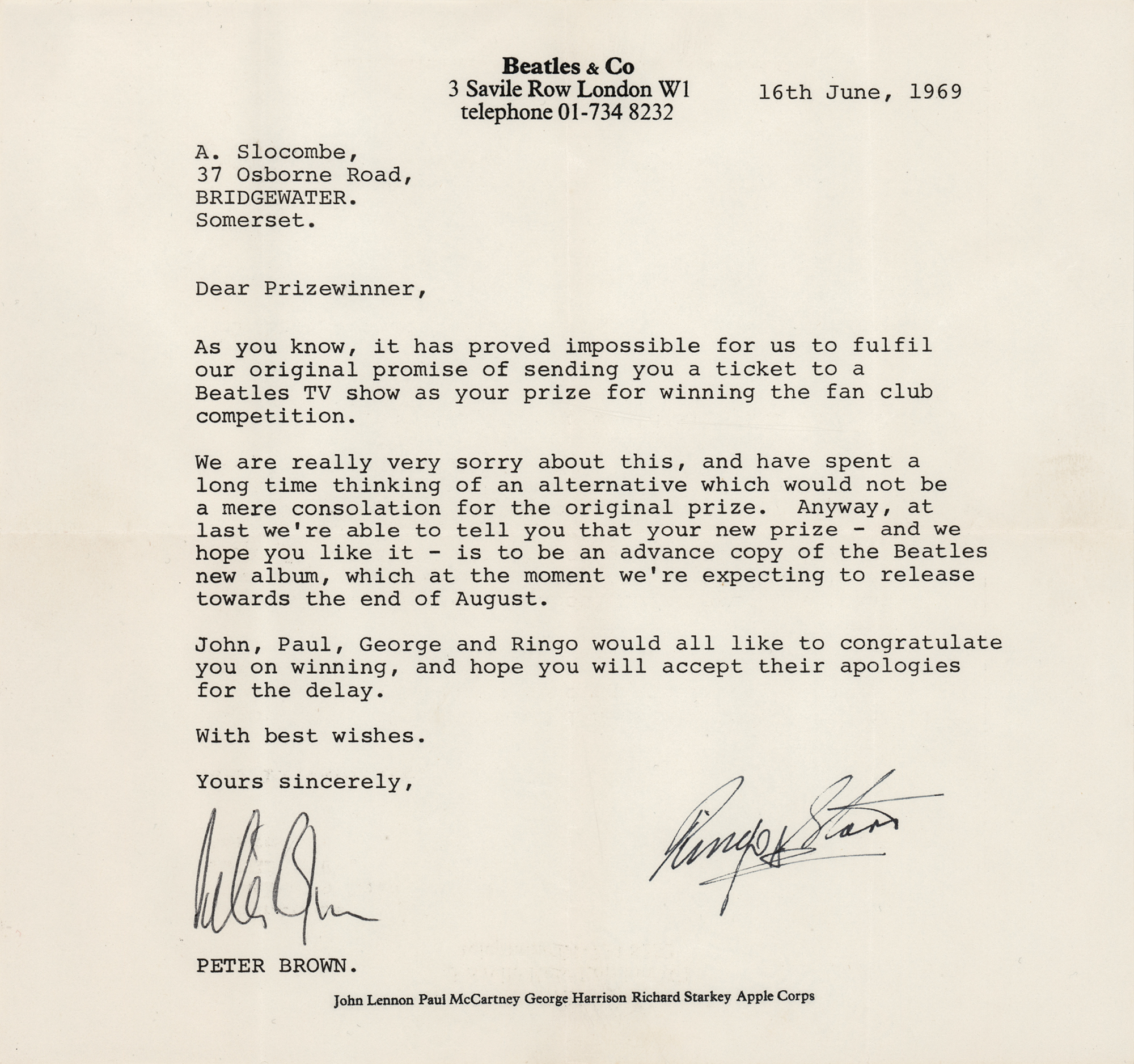 Beatles: Ringo Starr Signature on 1969 Letter from Peter Brown | RR