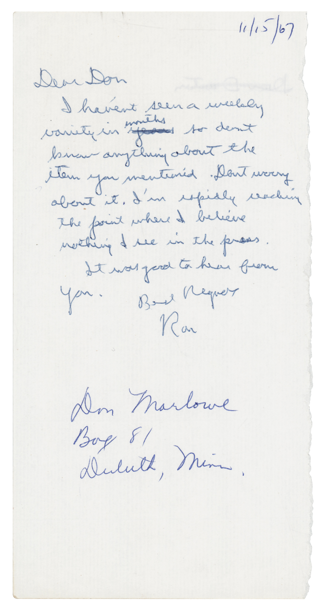 Ronald Reagan Autograph Draft Letter Signed: "I'm rapidly