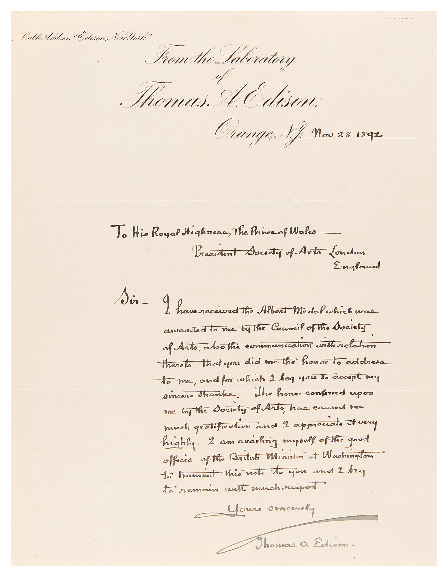 Thomas Edison Autograph Letter Signed to the Prince of Wales: "I