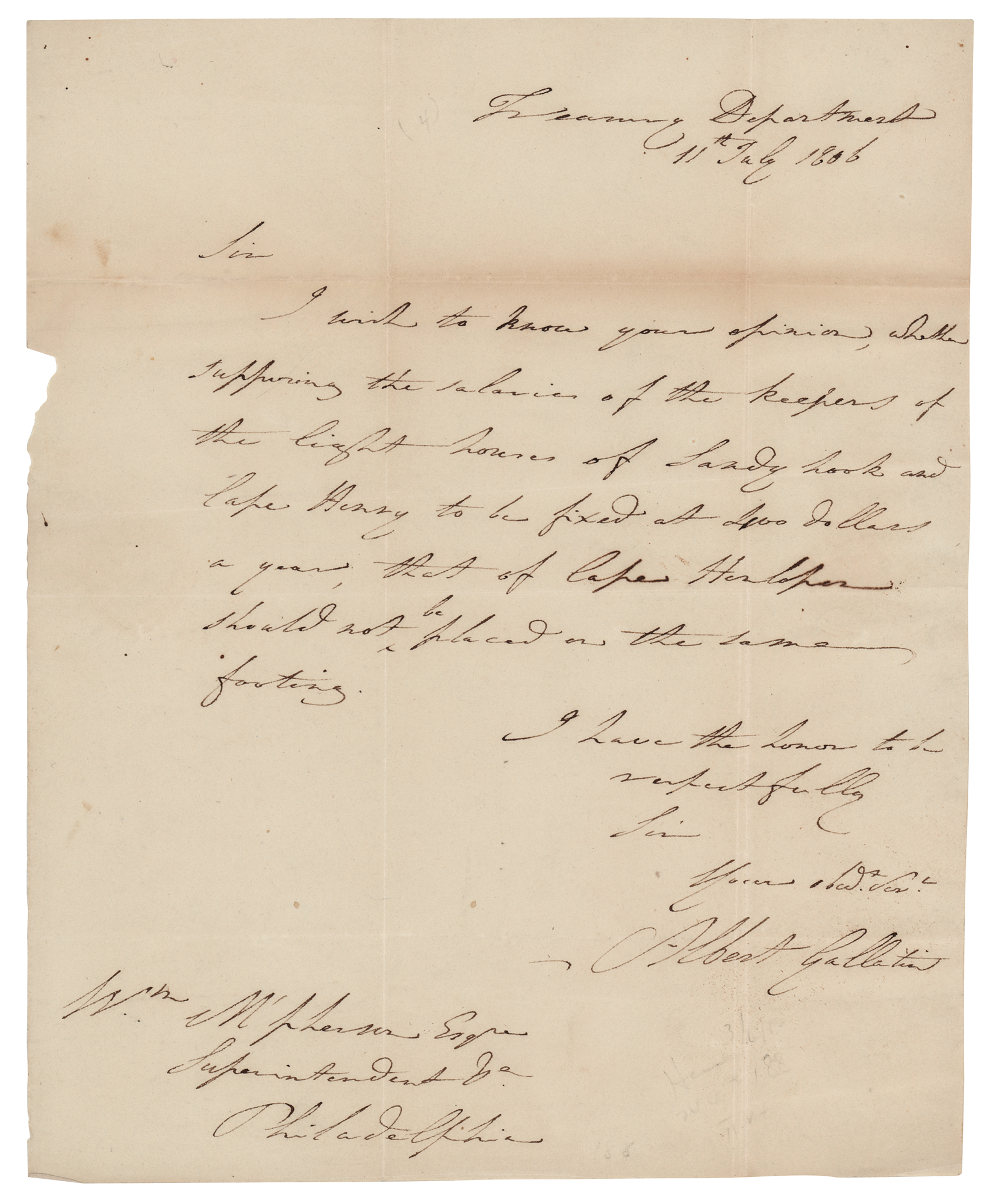 Albert Gallatin Autograph Letter Signed on Lighthouse Keepers'