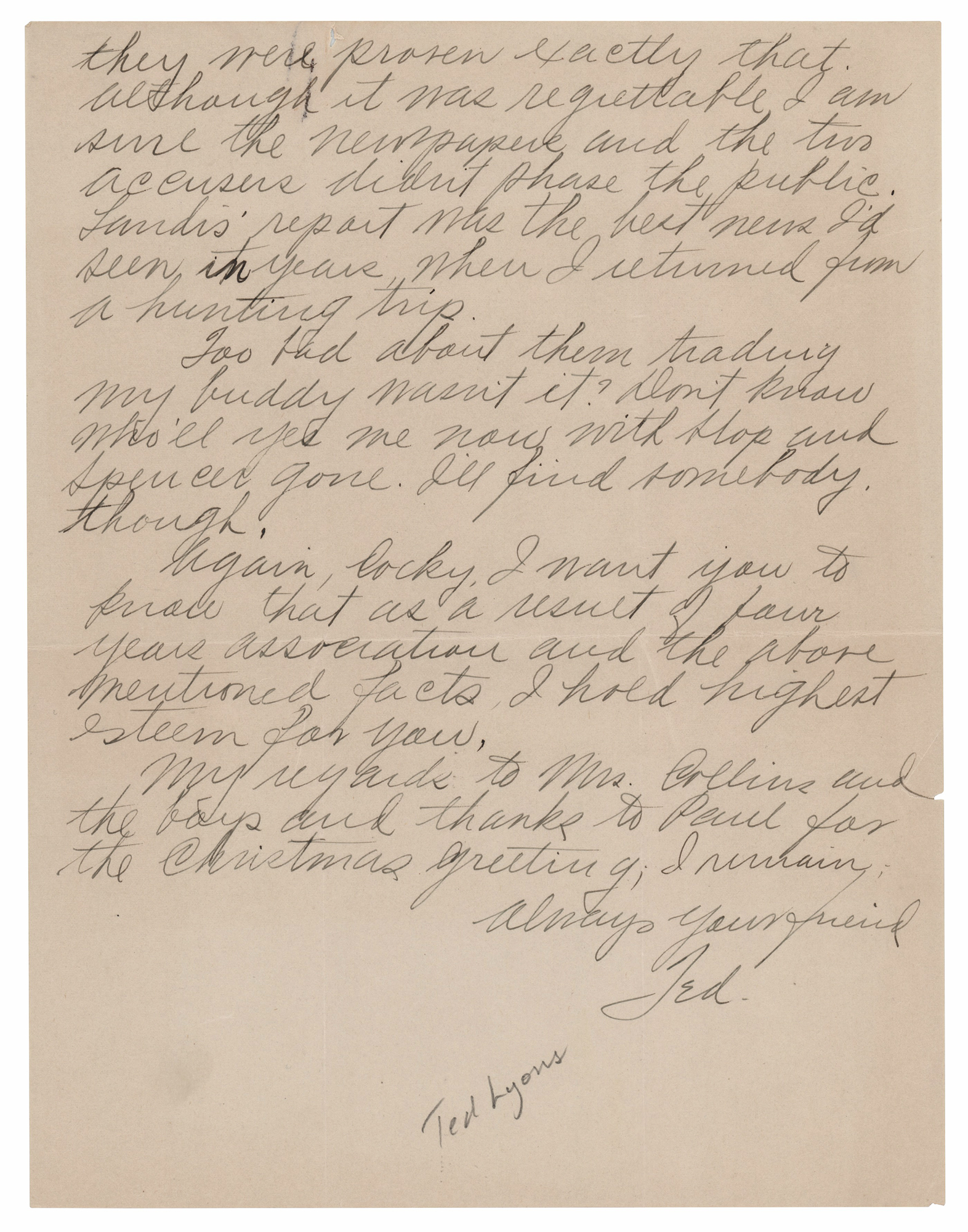 Ted Lyons Autograph Letter Signed to Eddie Collins | RR Auction