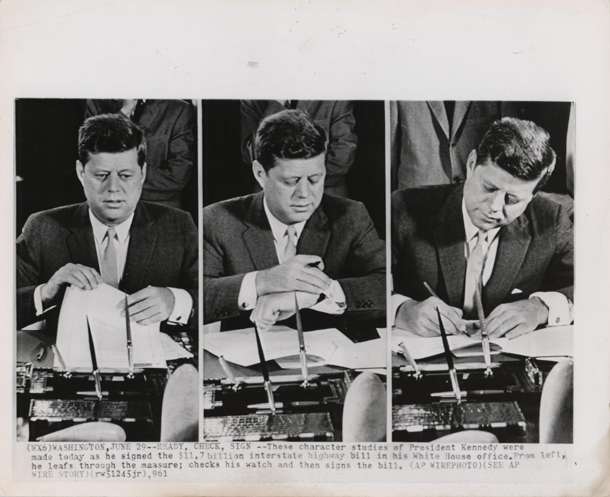 John F. Kennedy 1961 Original Wirephoto - Signing Interstate Highway
