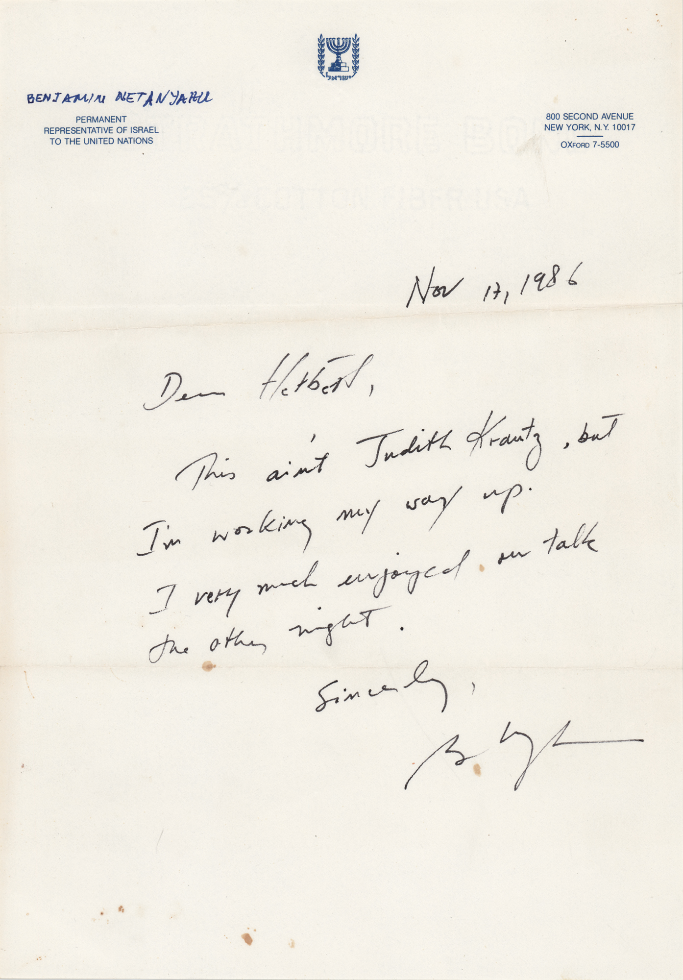 Benjamin Netanyahu Autograph Letter Signed: "I'm working my way