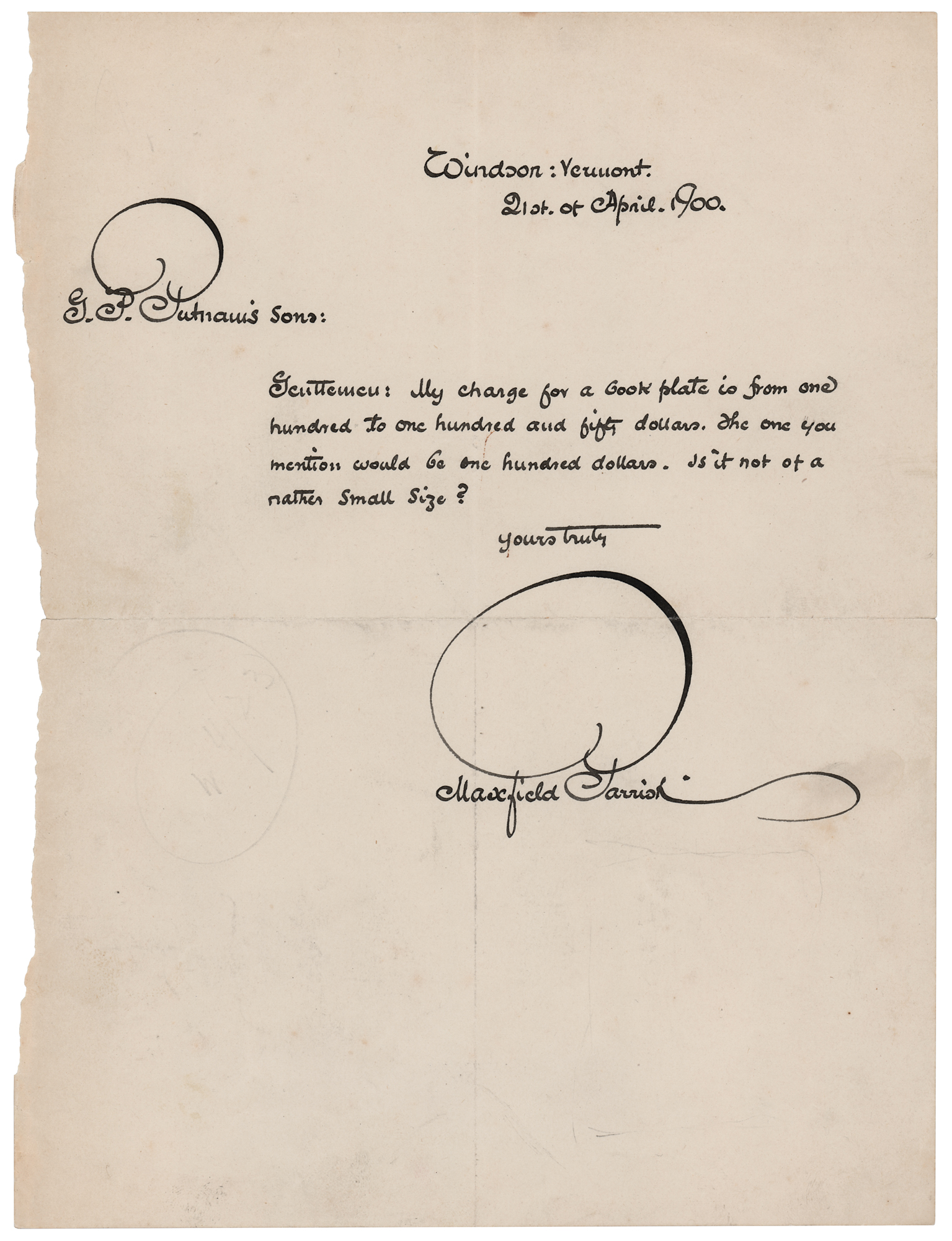 Maxfield Parrish Autograph Letter Signed to G. P. Putnam's Sons, on a
