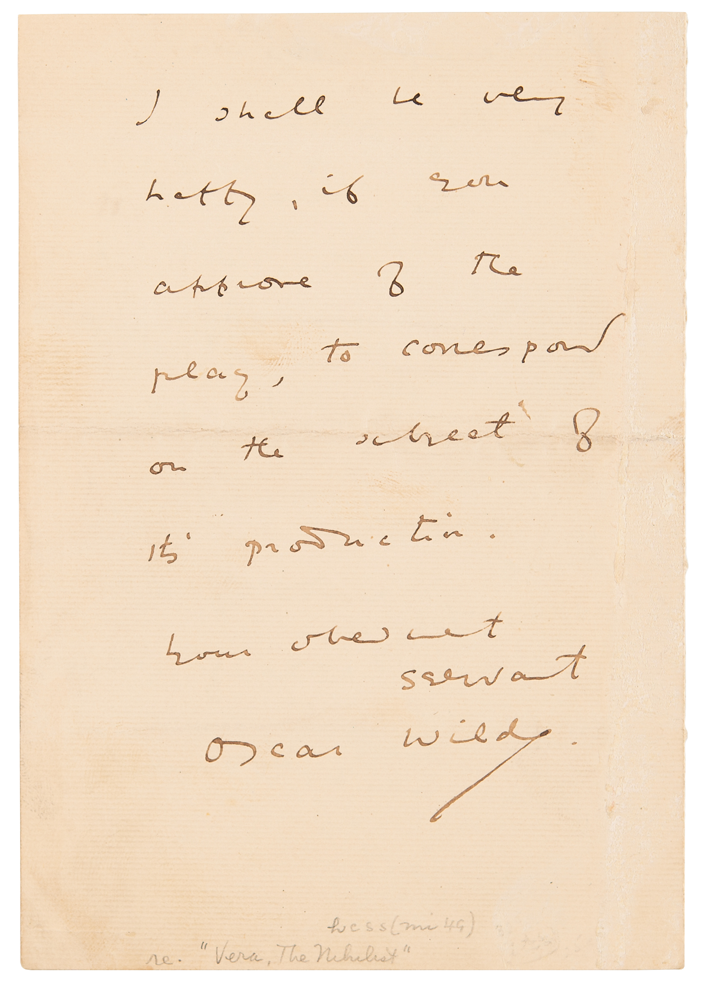 Oscar Wilde Autograph Letter Signed on 'Vera; or, The Nihilists':