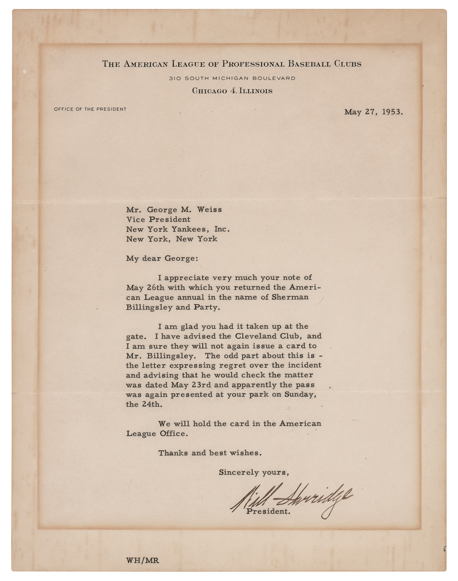 Will Harridge Typed Letter Signed to Yankees VP George Weiss | RR