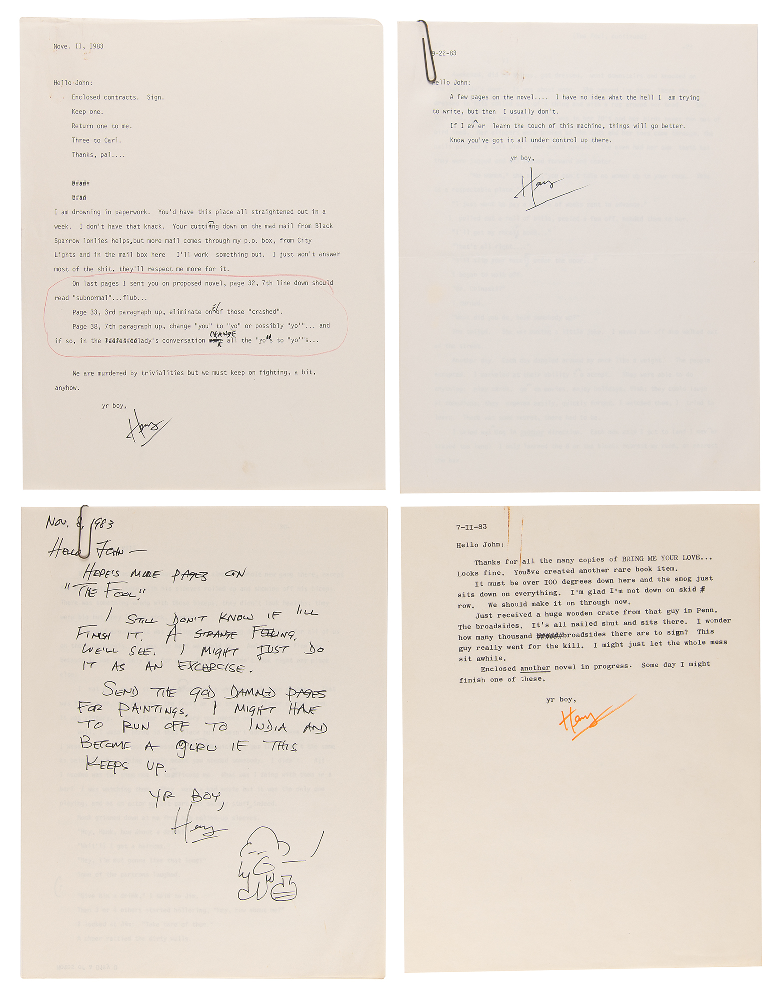 Charles Bukowski Archive of (60+) Autographs, with Letters,