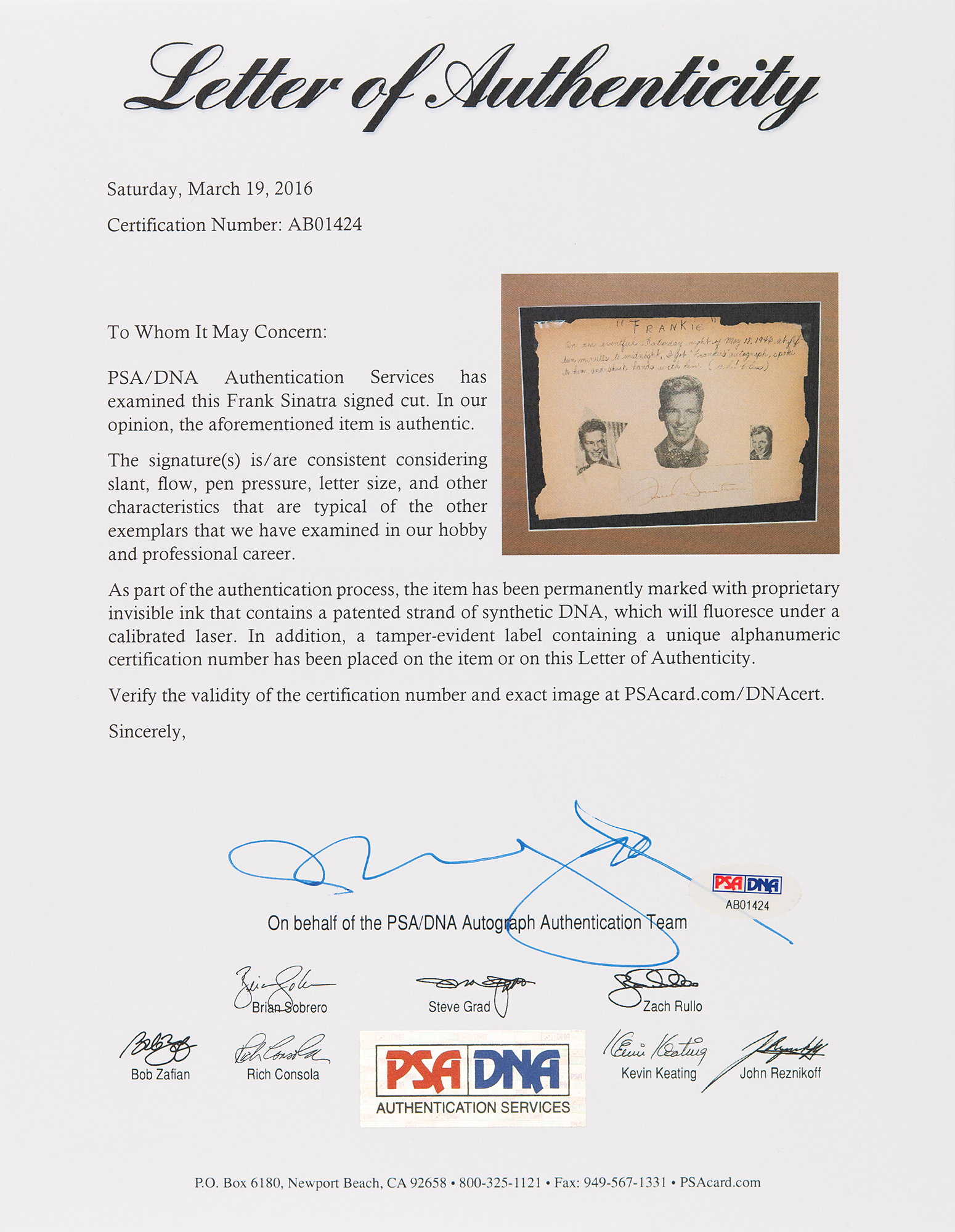 Frank Sinatra Signature | RR Auction