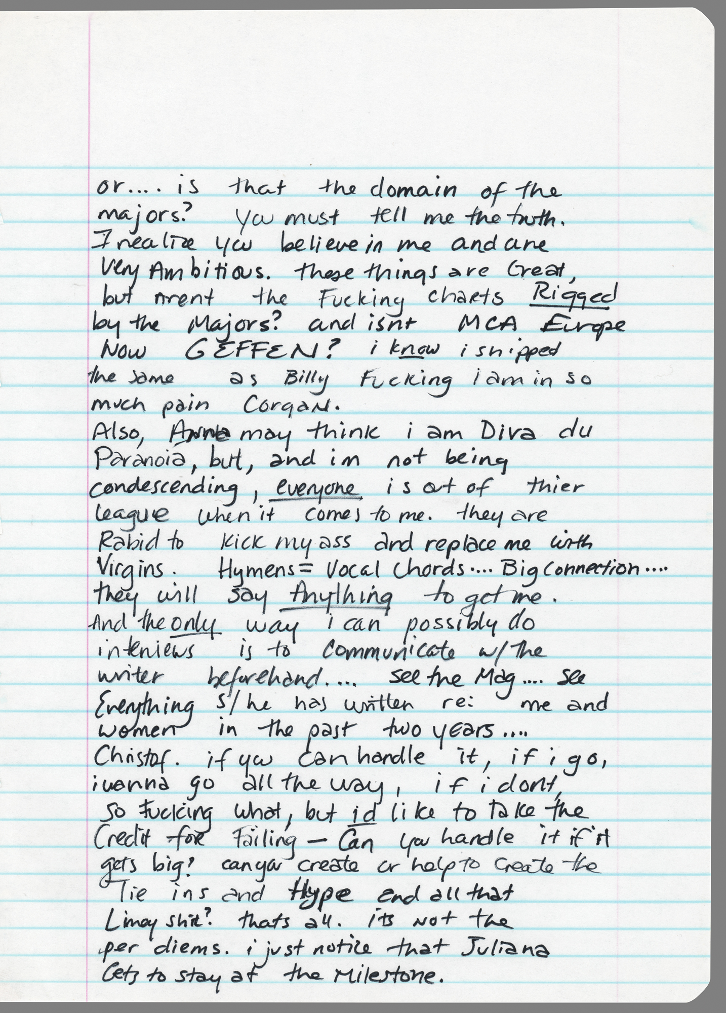 Courtney Love Autograph Letter Signed on Kurt Cobain, Nevermind,