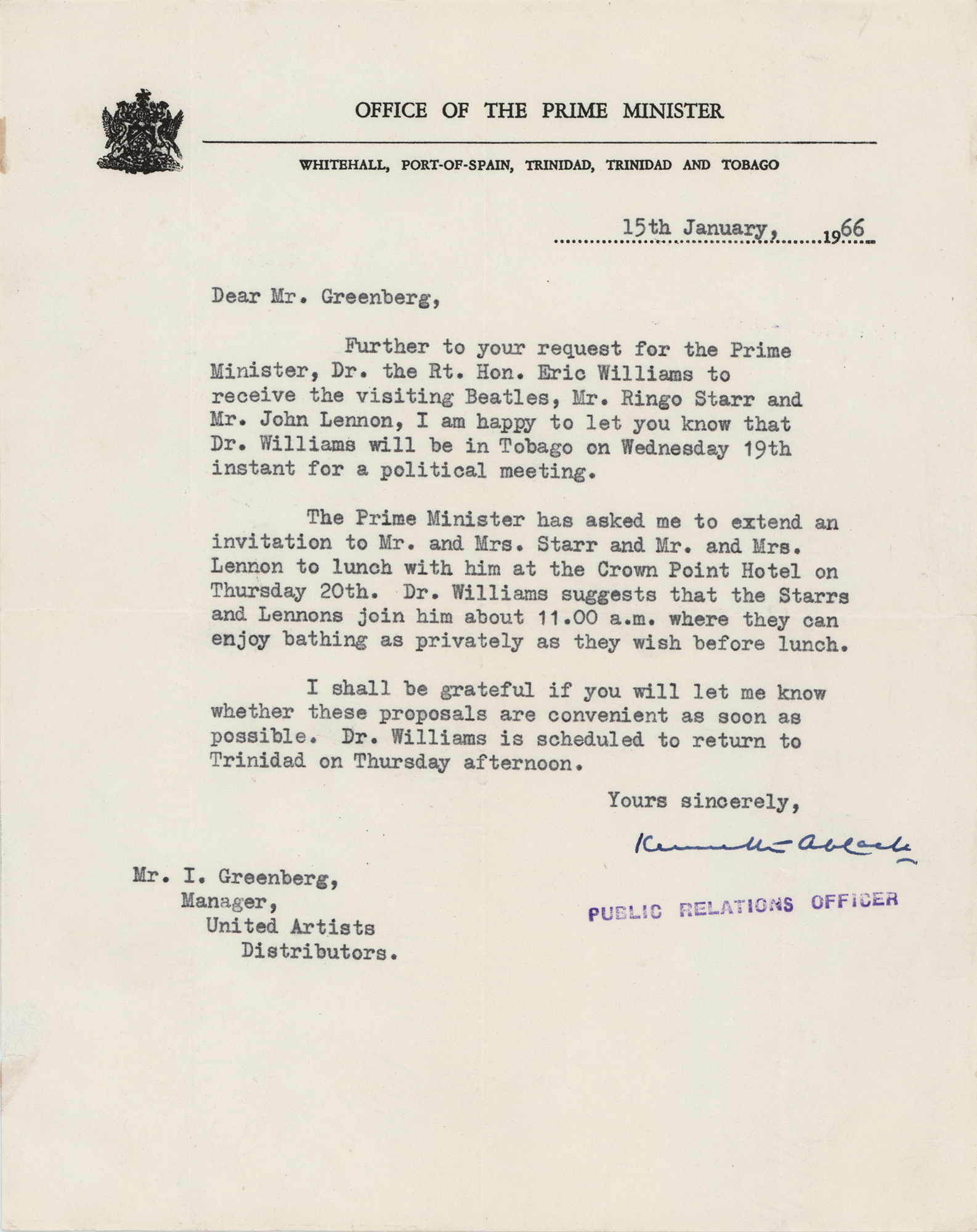 John Lennon and Ringo Starr Invitation Letter from the Prime Minister