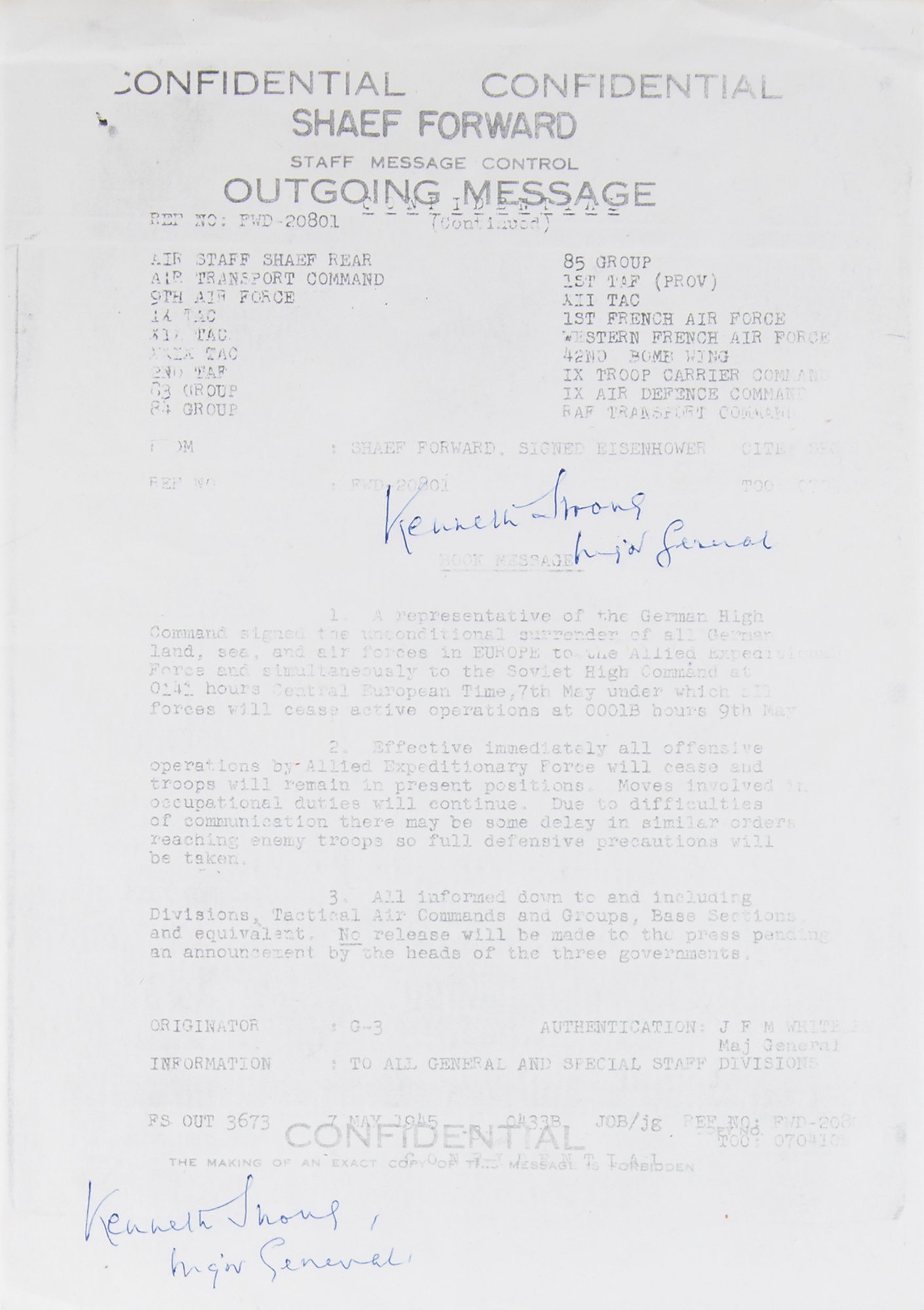 World War II Book Message: Eisenhower's SHAEF Forward Total Ceasefire