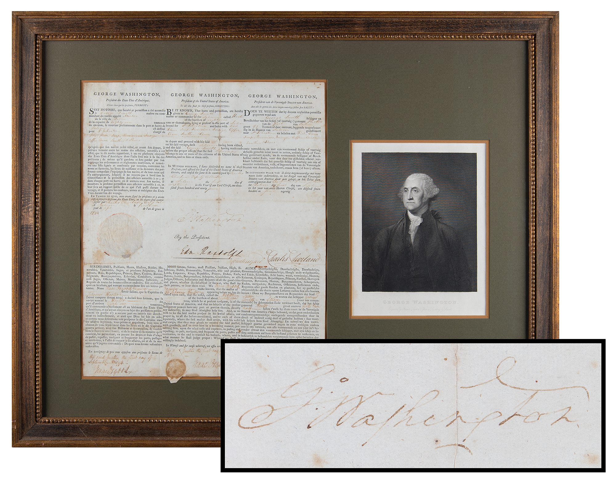 George Washington Document Signed as President - Three-Language Ship's