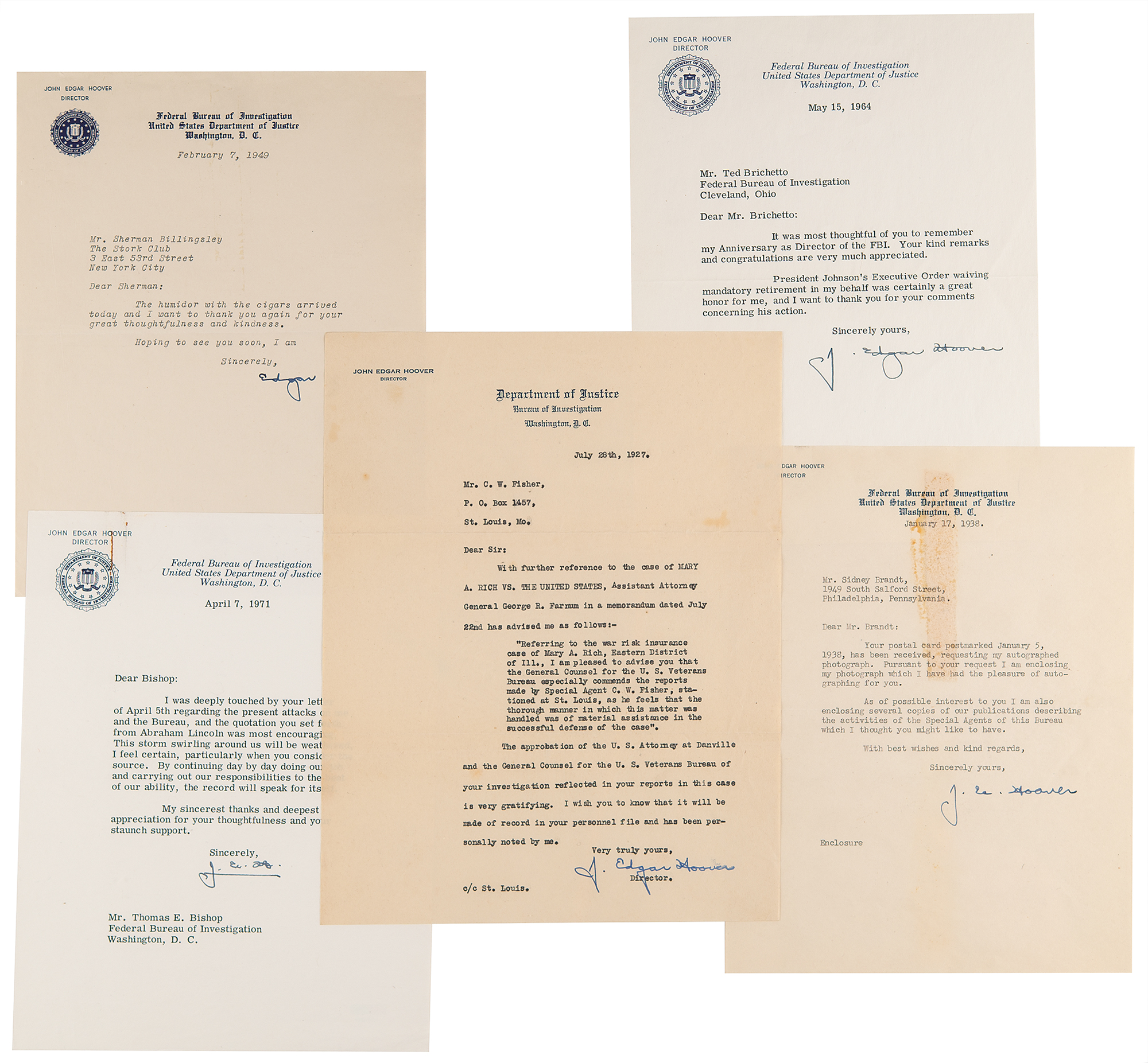 J. Edgar Hoover (5) Typed Letters Signed | RR Auction