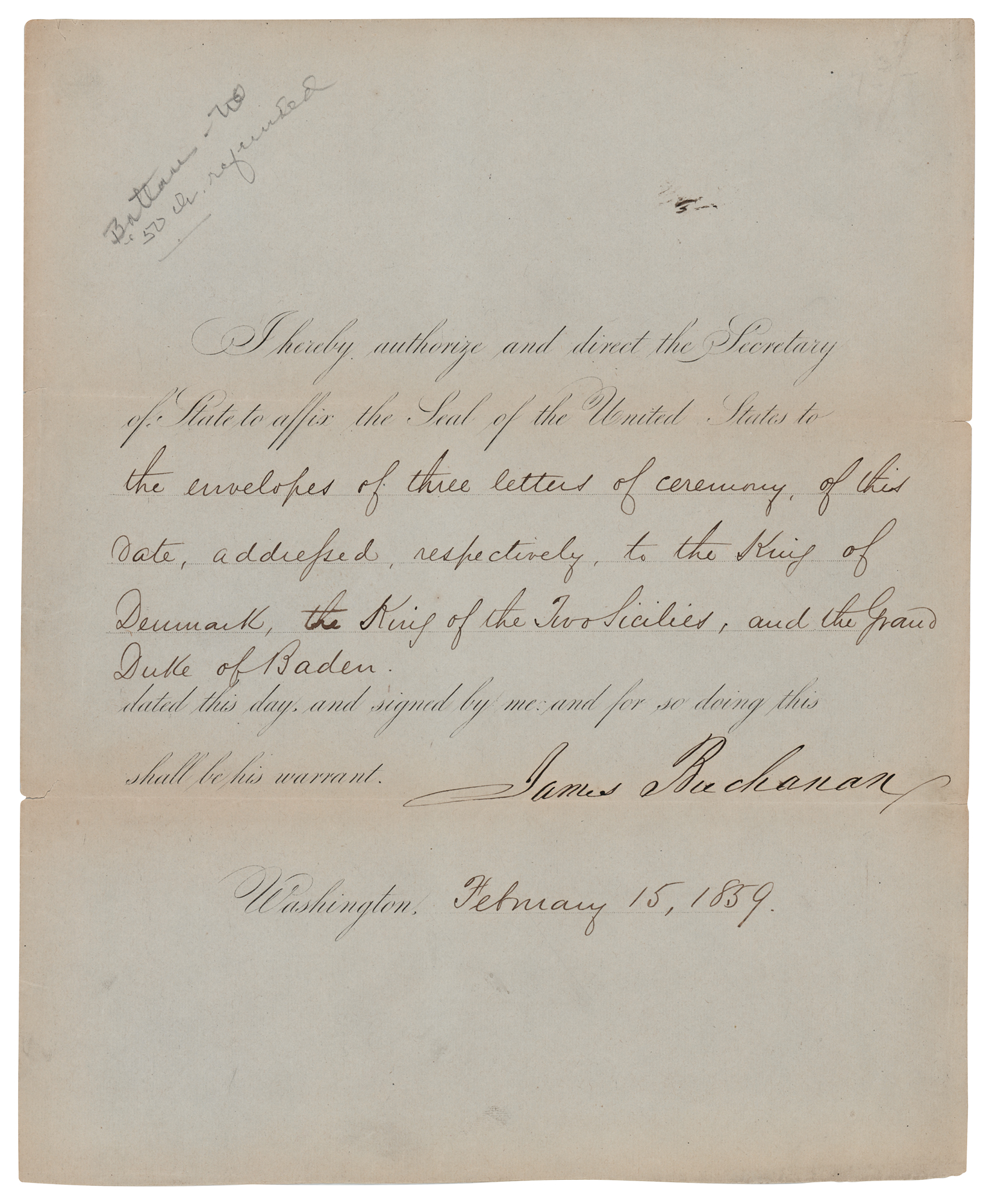 James Buchanan Document Signed as President, Sending Ceremonial