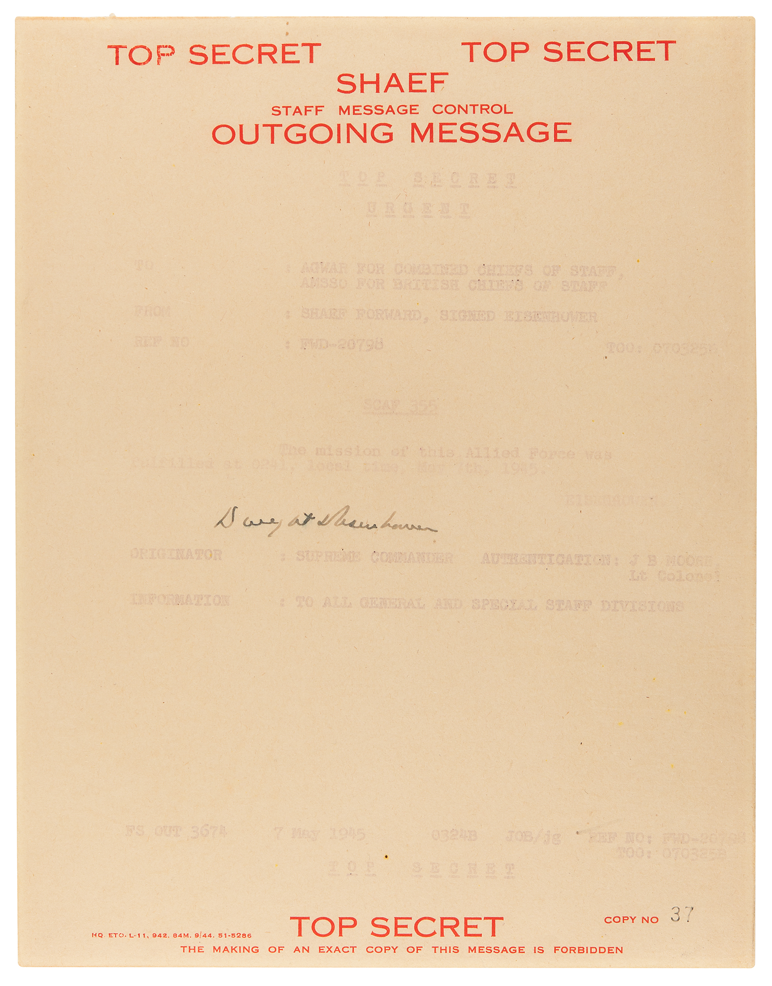 Dwight D. Eisenhower Signed 'Top Secret' SHAEF Message, Announcing