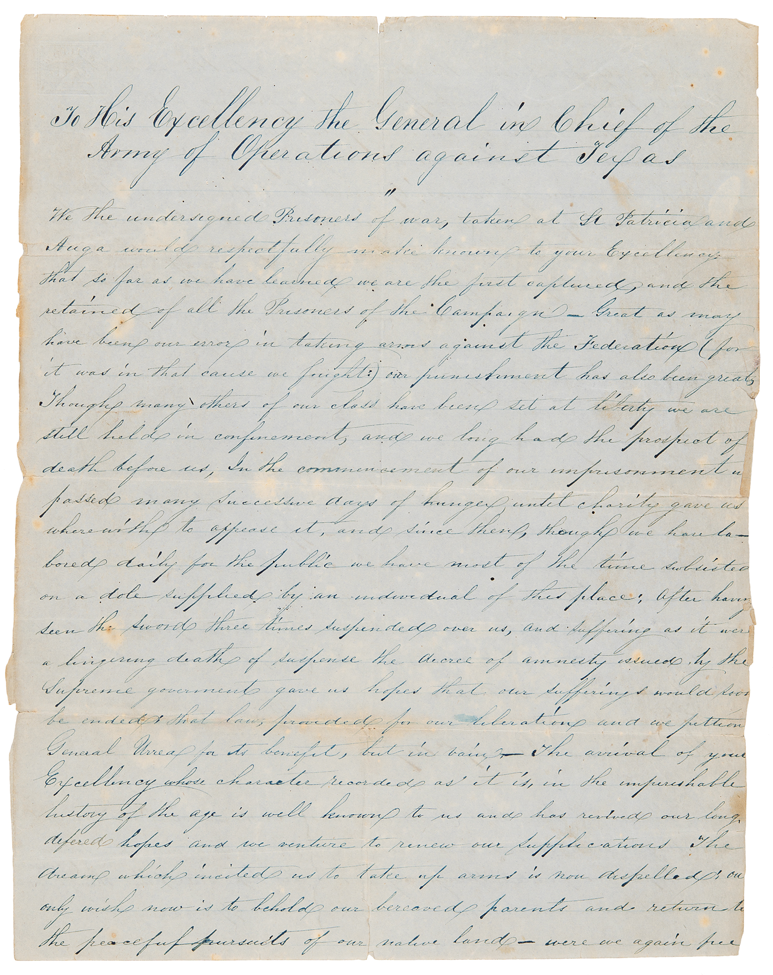 Texas Revolution: Phineas Jenks Mahan Handwritten Petition for Release
