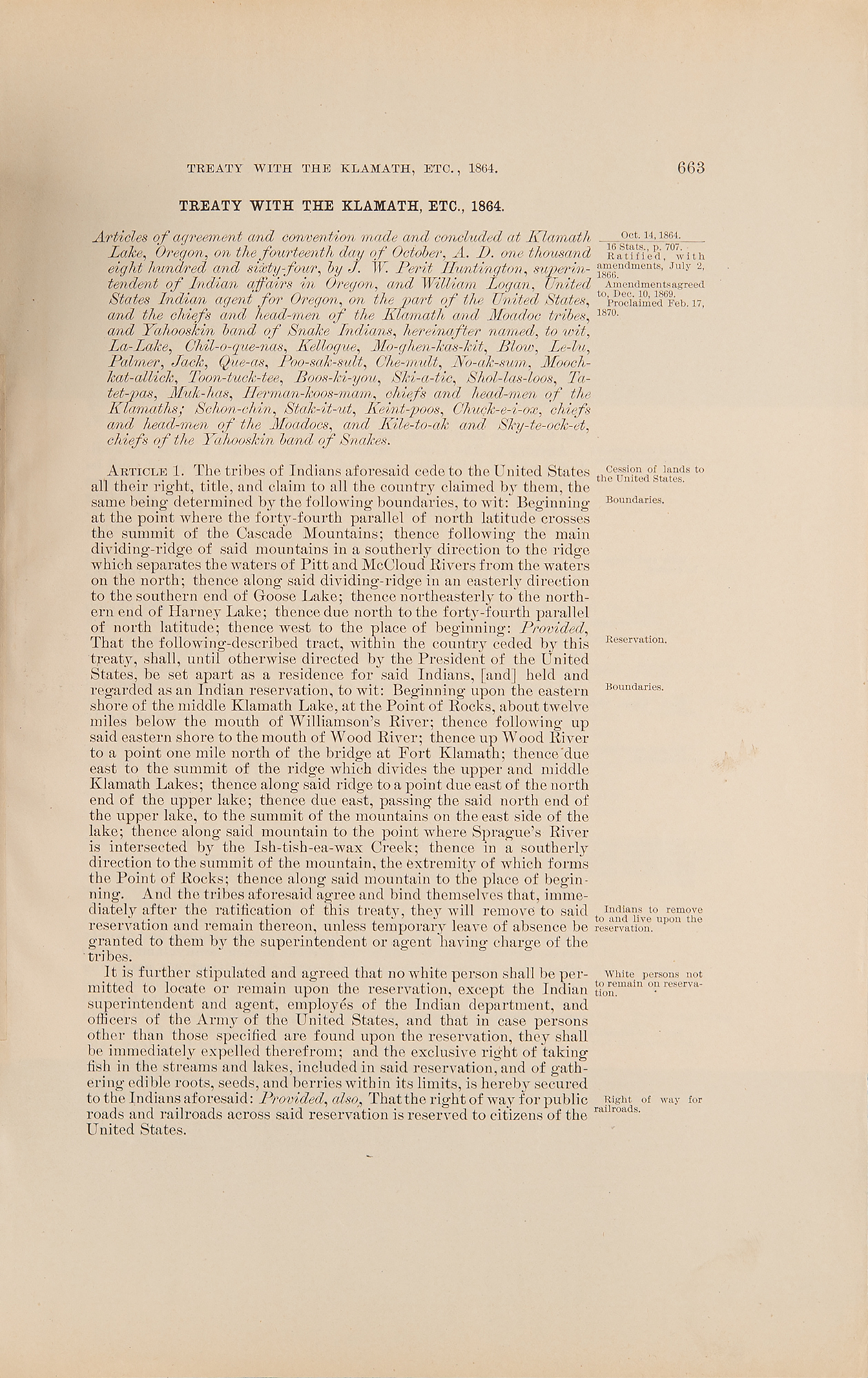President U. S. Grant Proclaims a Treaty for a New Tribal Reservation