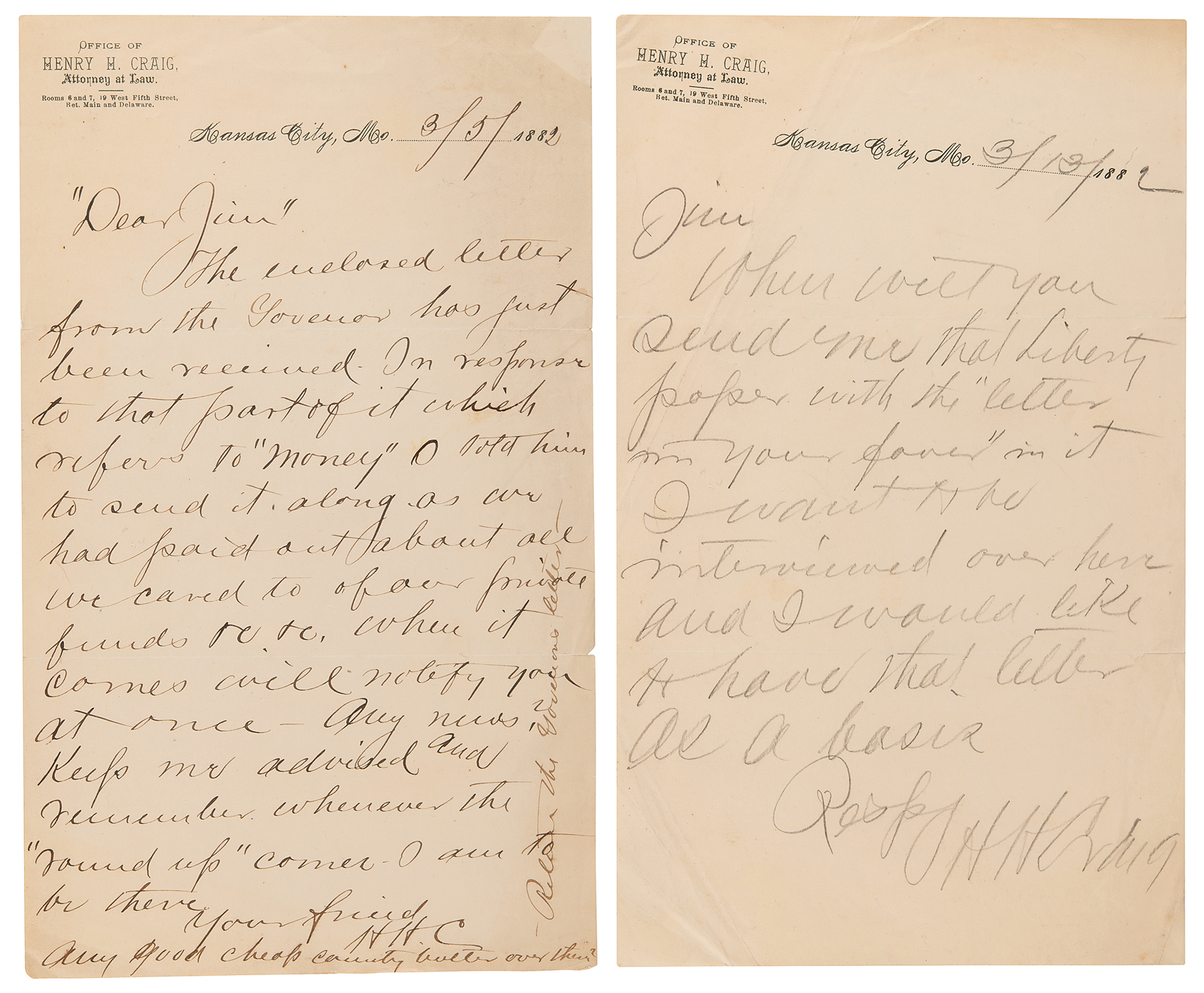 [Jesse James] H. H. Craig (2) Autograph Letters Signed, Preparing to