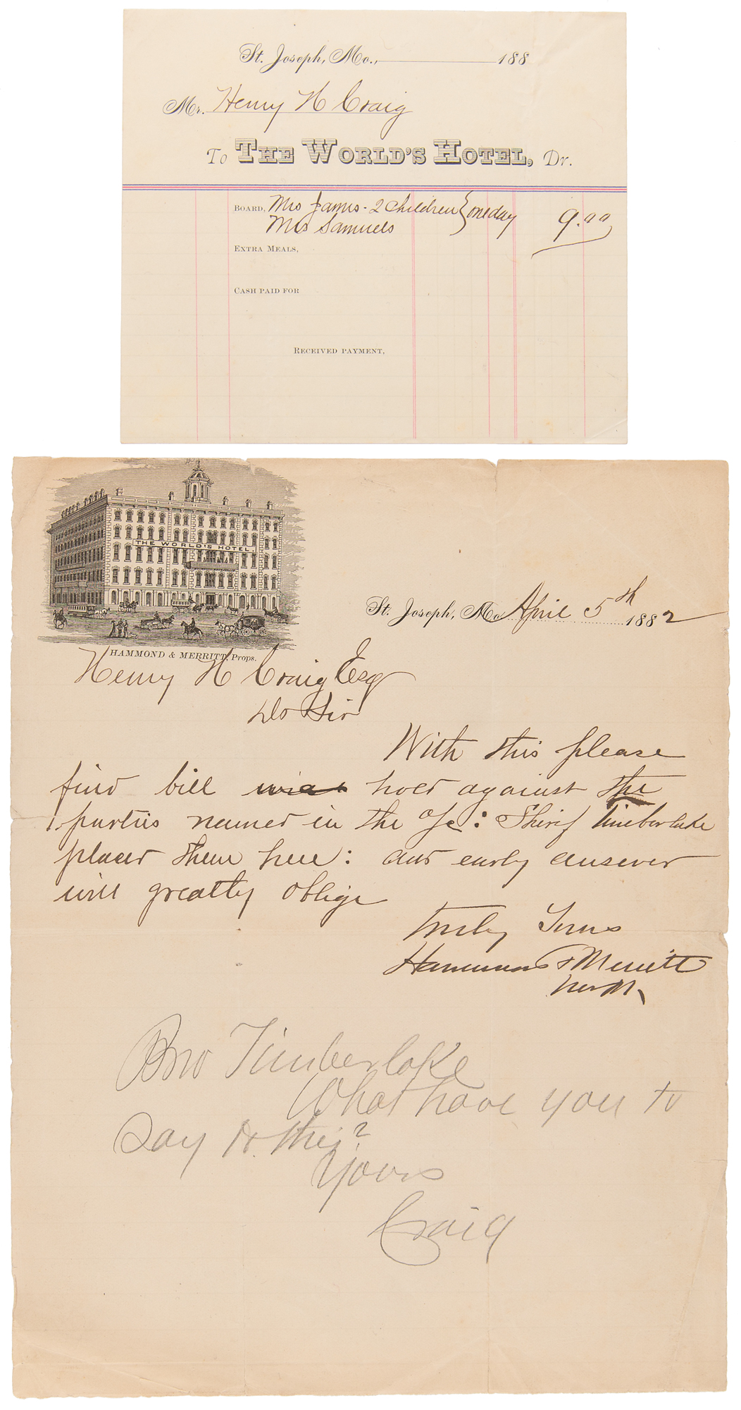 [Jesse James] H. H. Craig Autograph Note Signed on the Hotel Bill of
